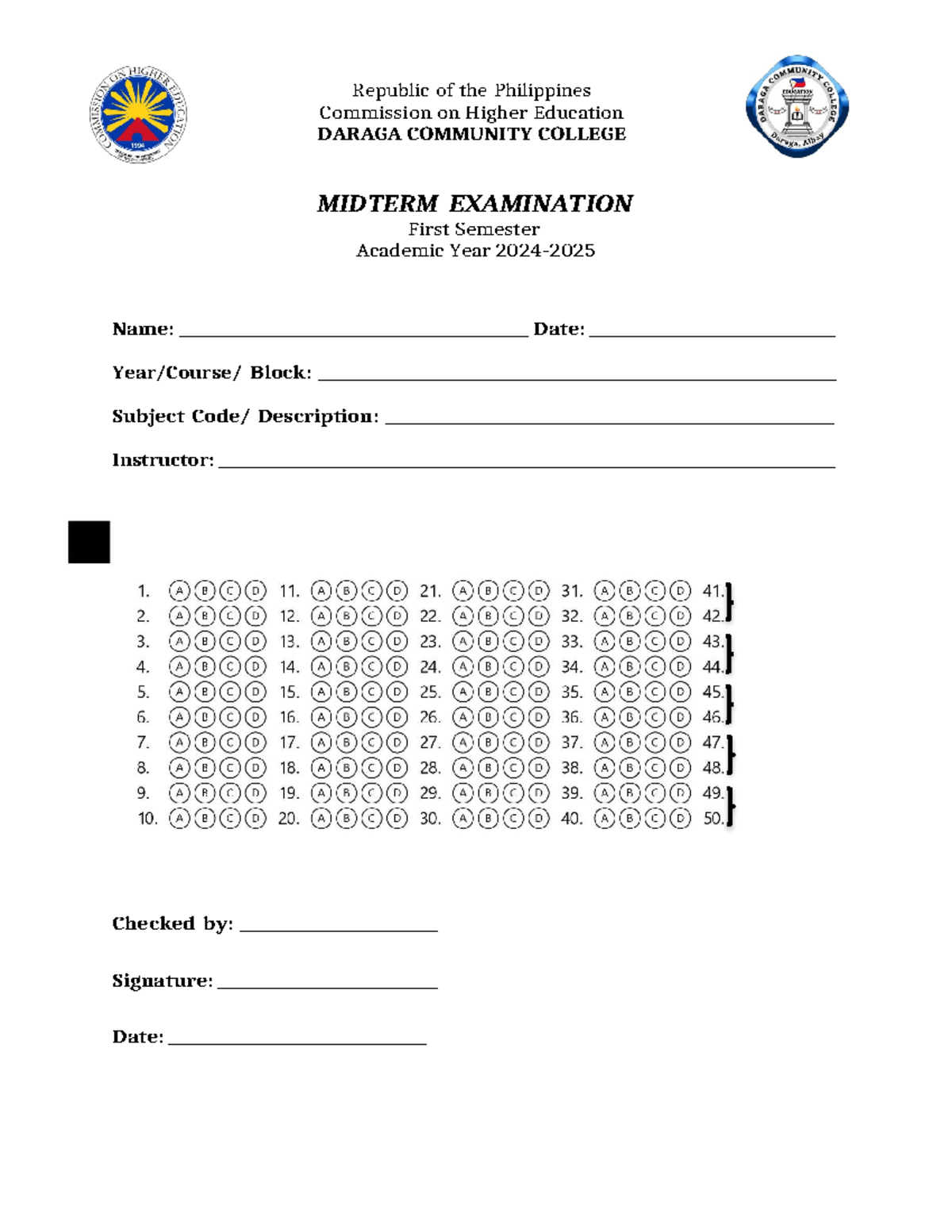 Answer-sheet Midterm - Answer sheet - Bachelor of Elementary Education - Republic of the ...