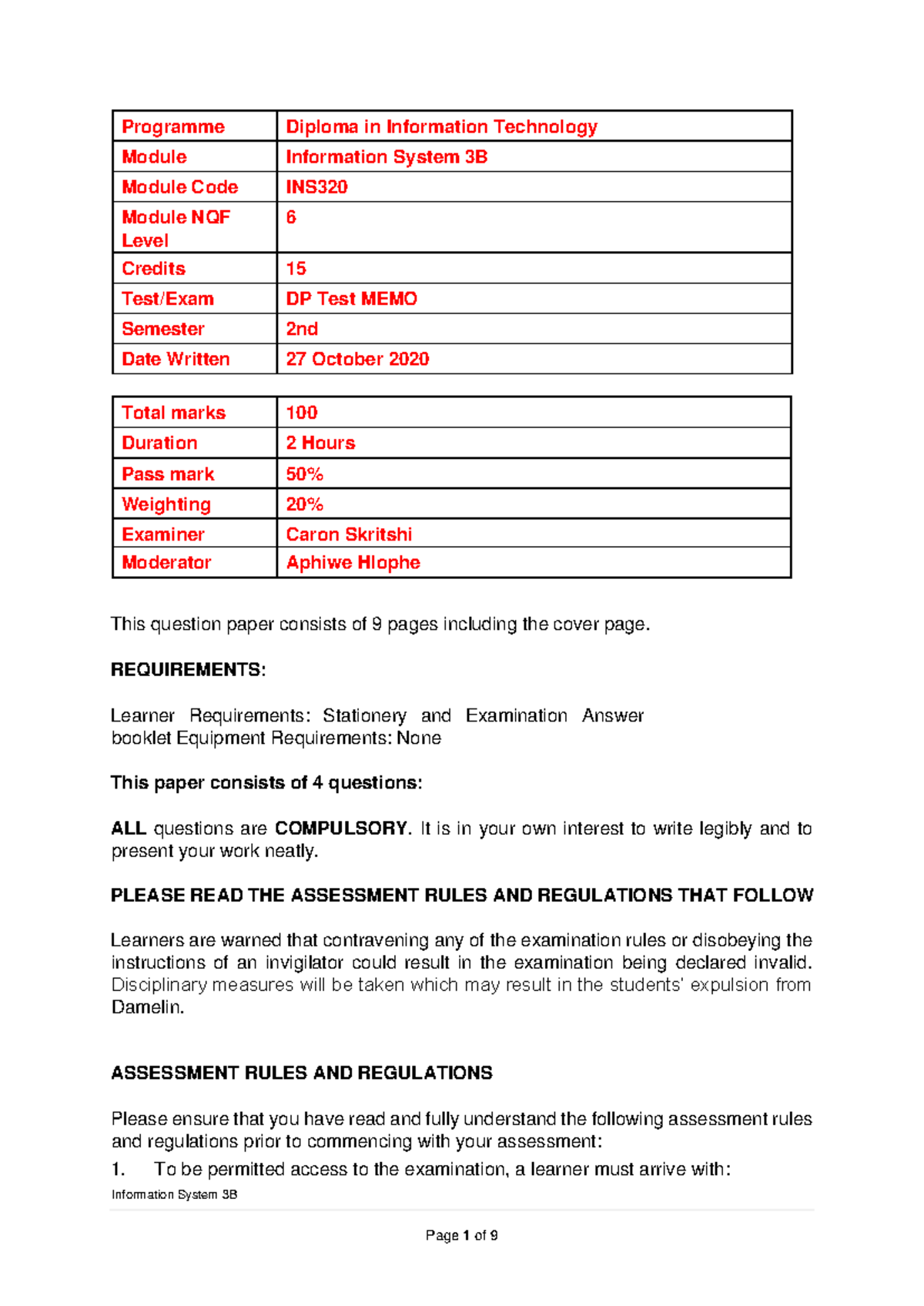 Information Systems 3B Test Memo - Information System 3B Programme ...