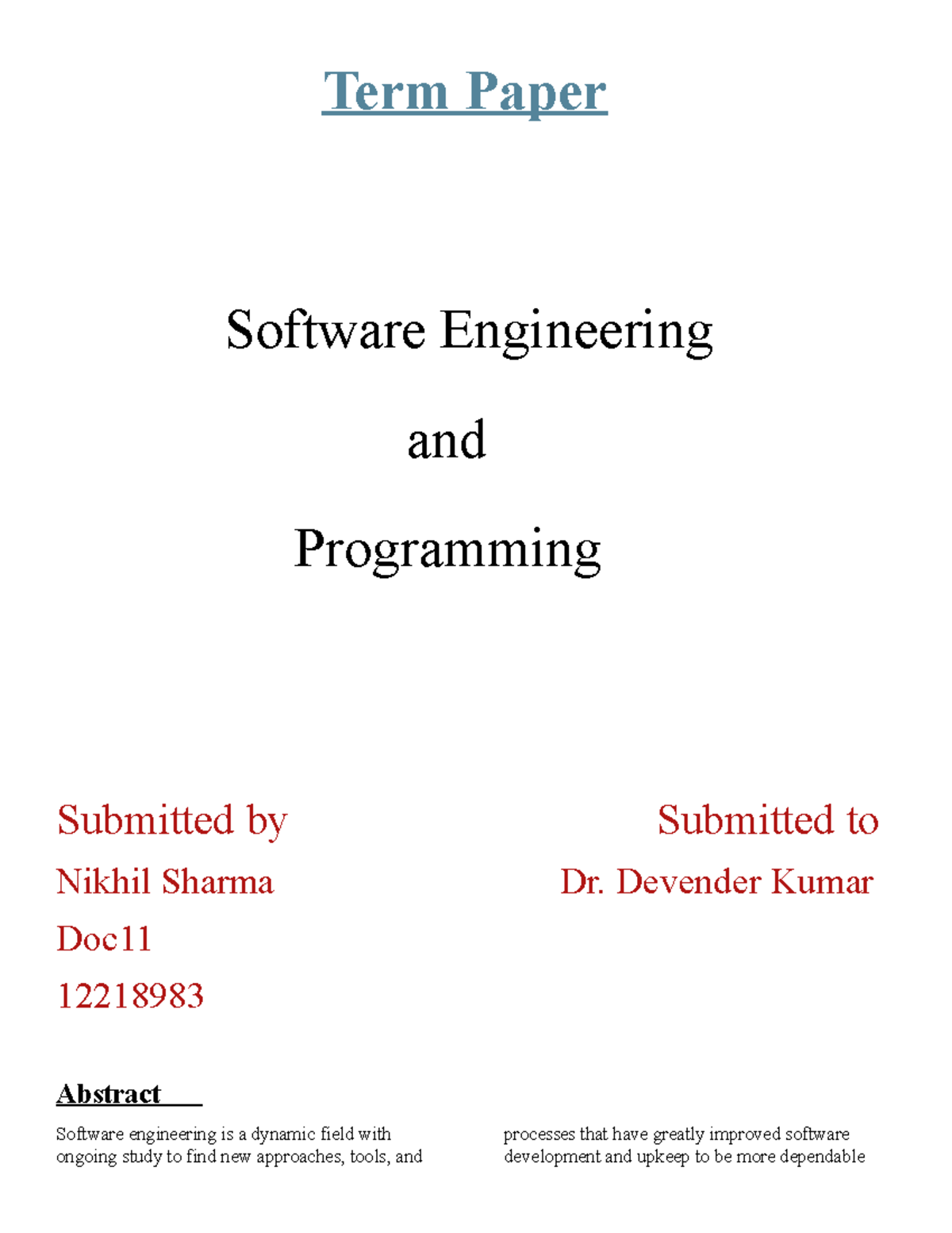 Term paper - Term Paper Software Engineering and Programming Submitted ...