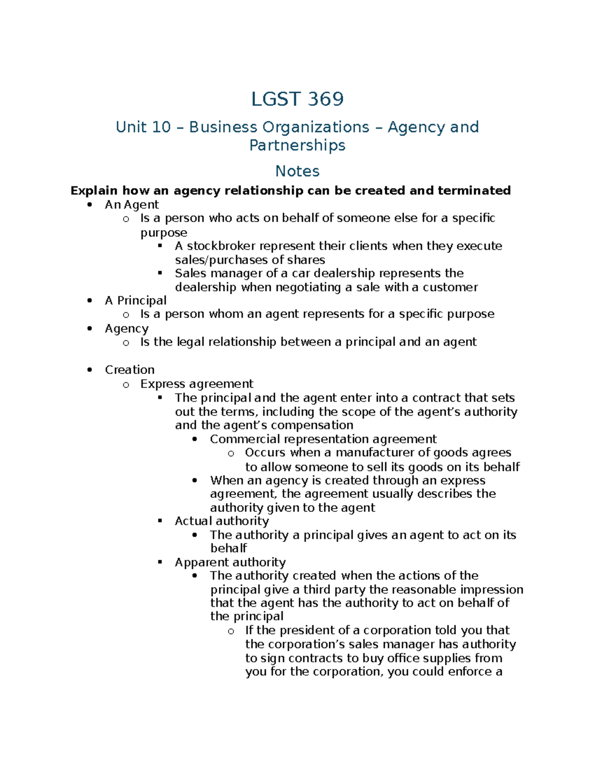 Unit 10 – Business Organizations – Agency and Partnerships - LGST 369 ...