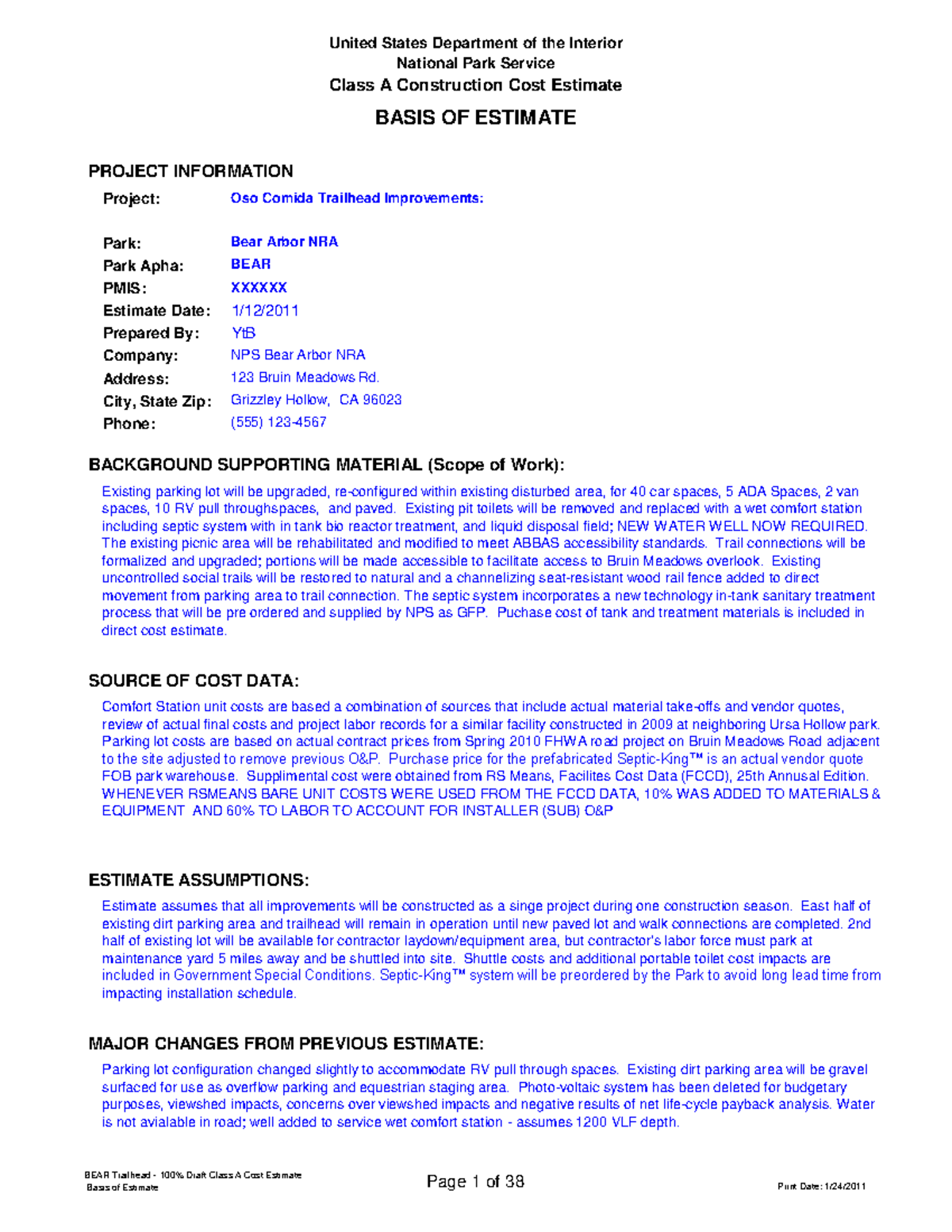 Class AConst Cost Estimate Sample 1-26-11 AF 112217 - National Park ...