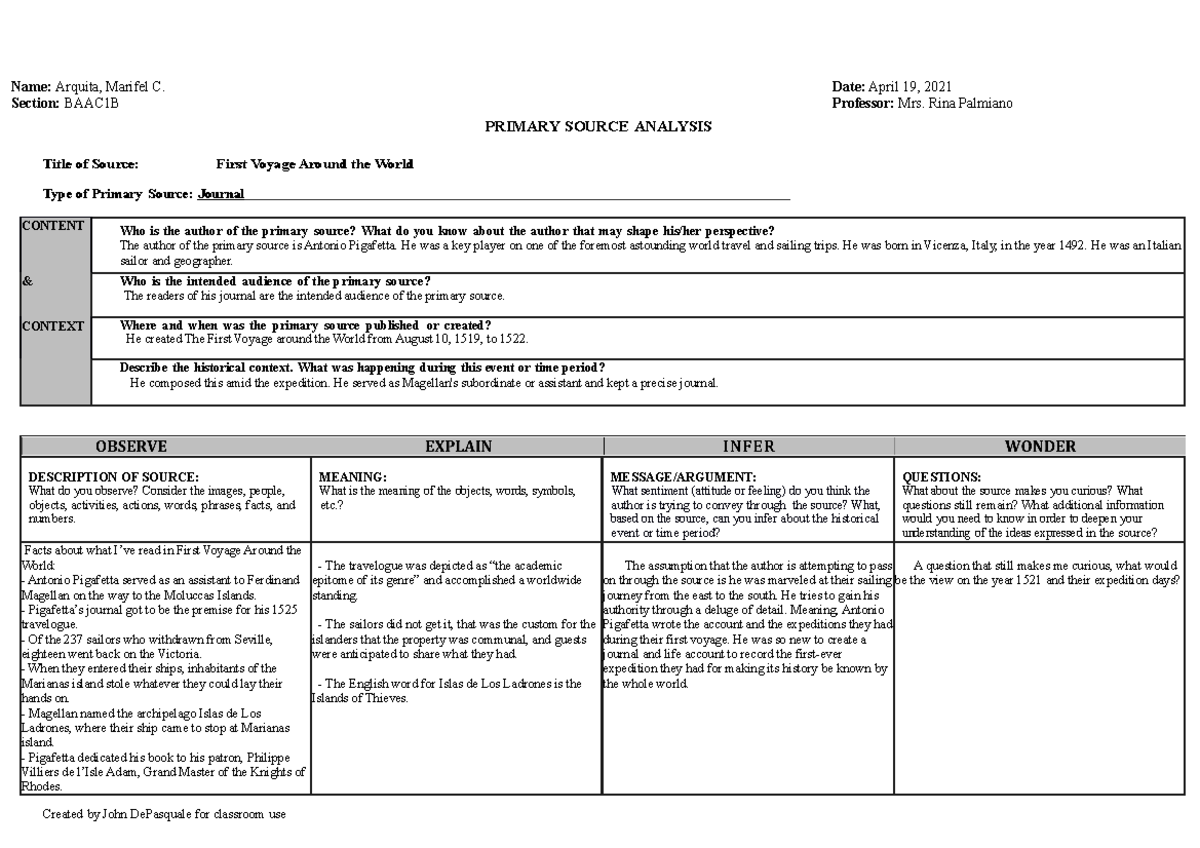 Primary Source Analysis for Readings in Philippine History - Name ...