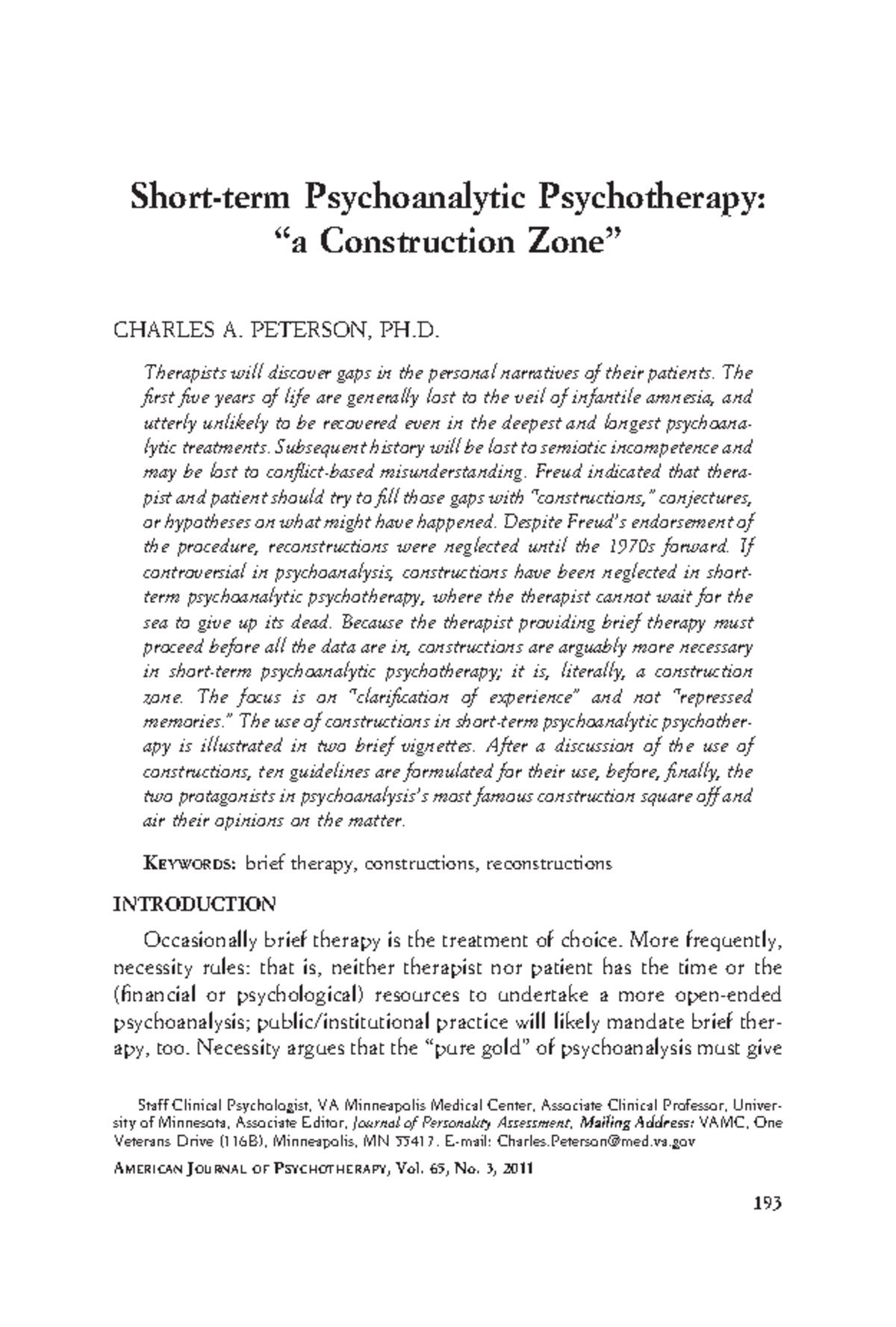 Peterson - Short TERM - RECOMMENDE ARTICLE - Short-term Psychoanalytic ...