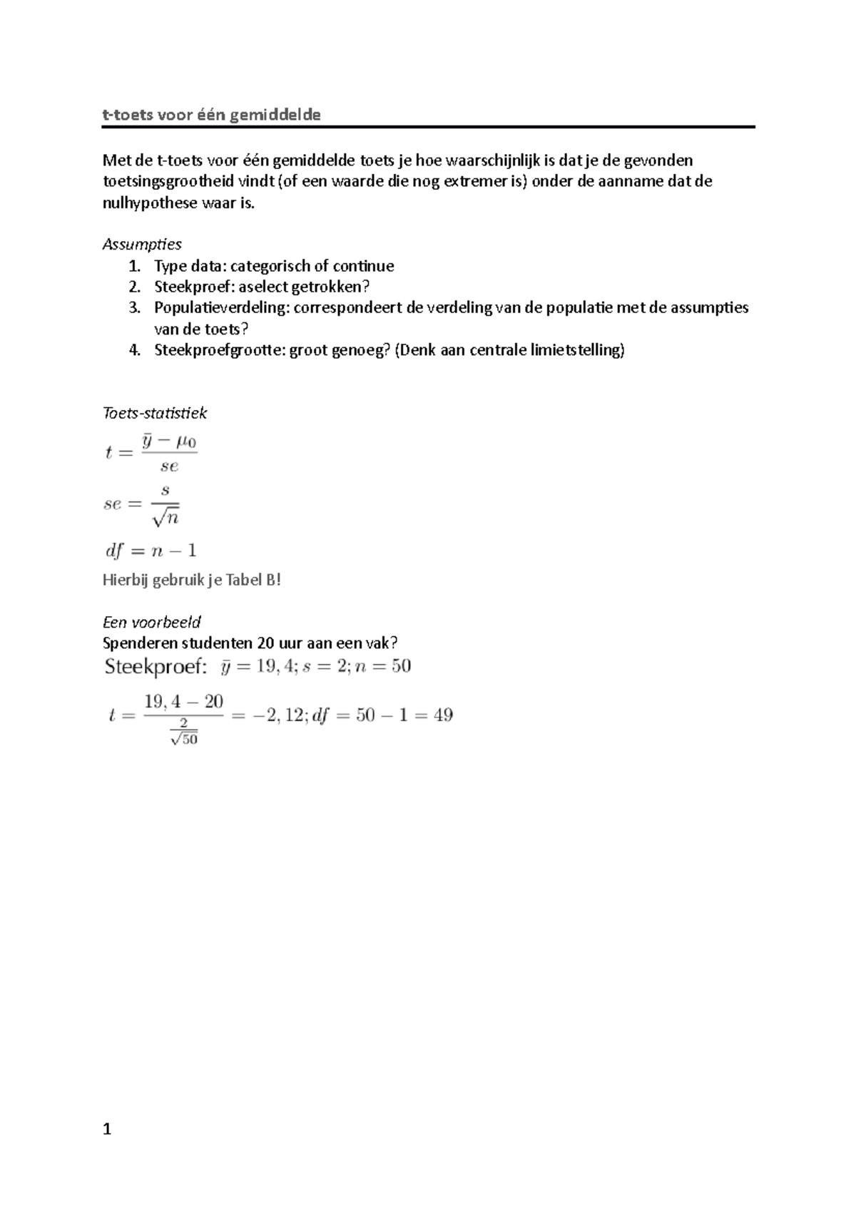 Overzicht toetsen - t-toets voor één gemiddelde Met de t-toets voor één ...