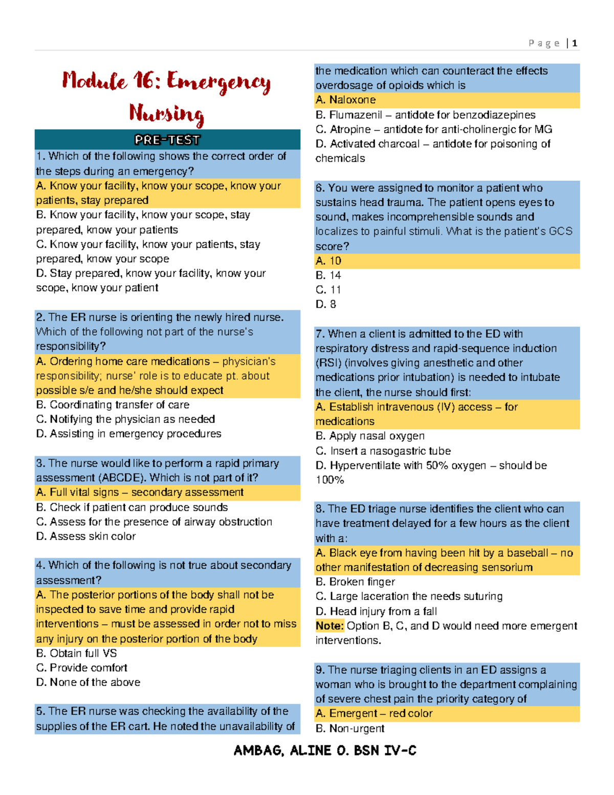 Module 16 CA2 Emergency Nursing - Module 16: Emergency Nursing 1. Which ...