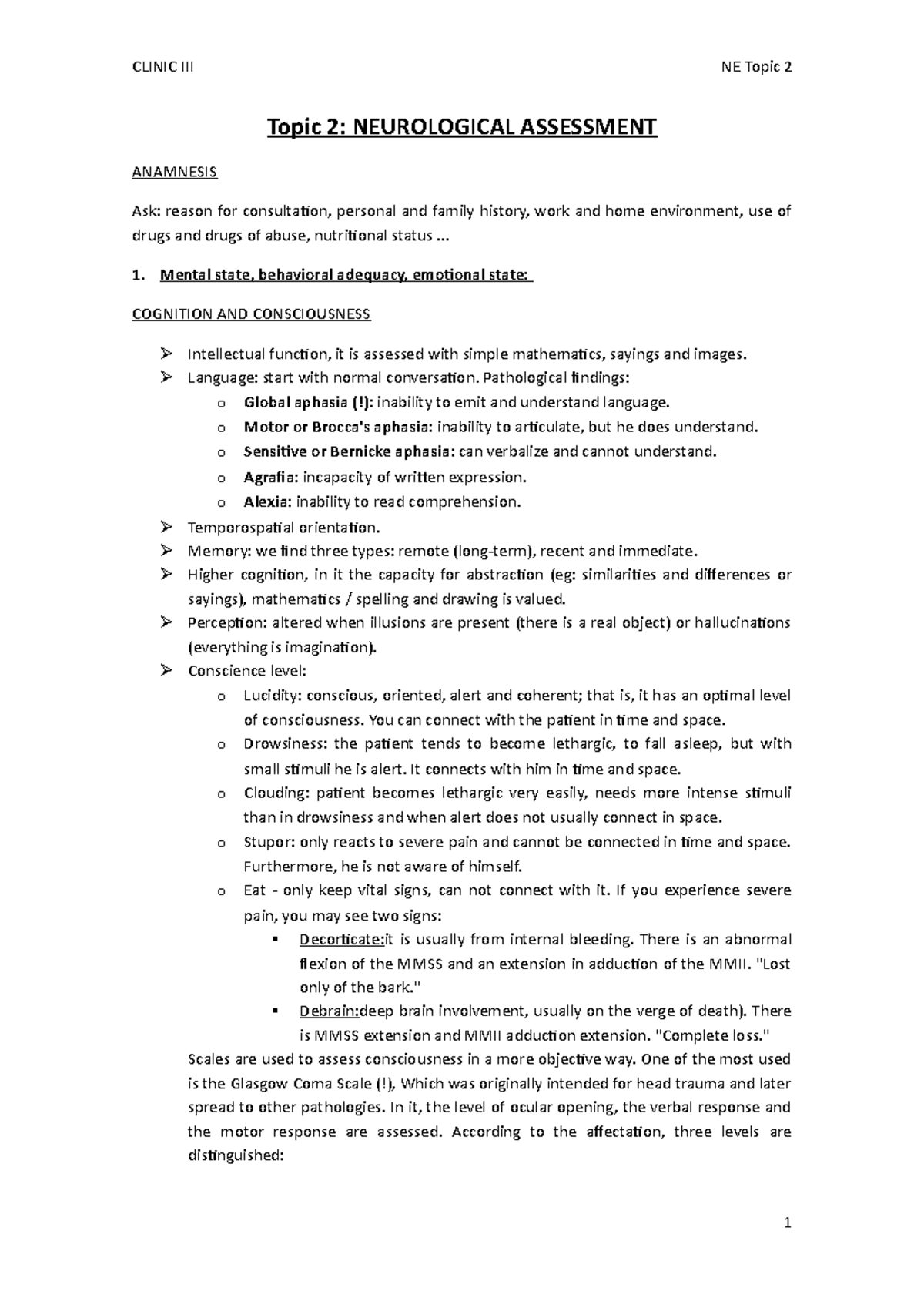 Unit 8 - Lecture notes 8 - Topic 2: NEUROLOGICAL ASSESSMENT ANAMNESIS ...