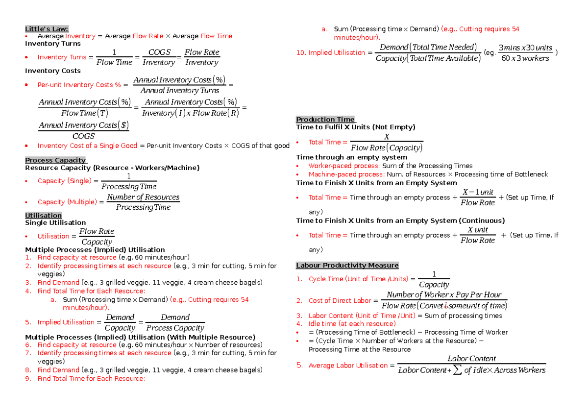 Mid Terms-Cheat Sheet - Little’s Law: Average Inventory = Average Flow ...