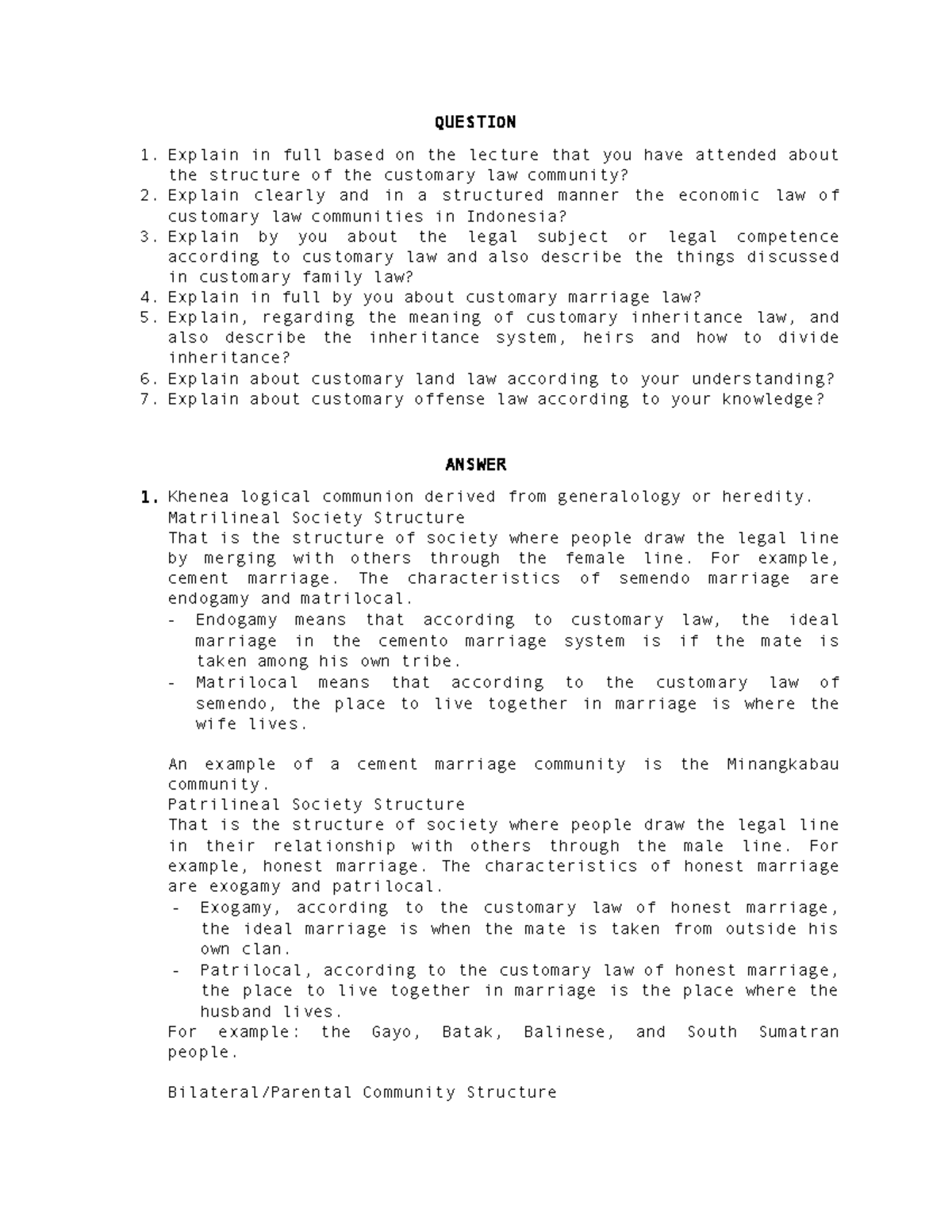 Customary Law Class A Final Semester Exam QUESTION Explain In