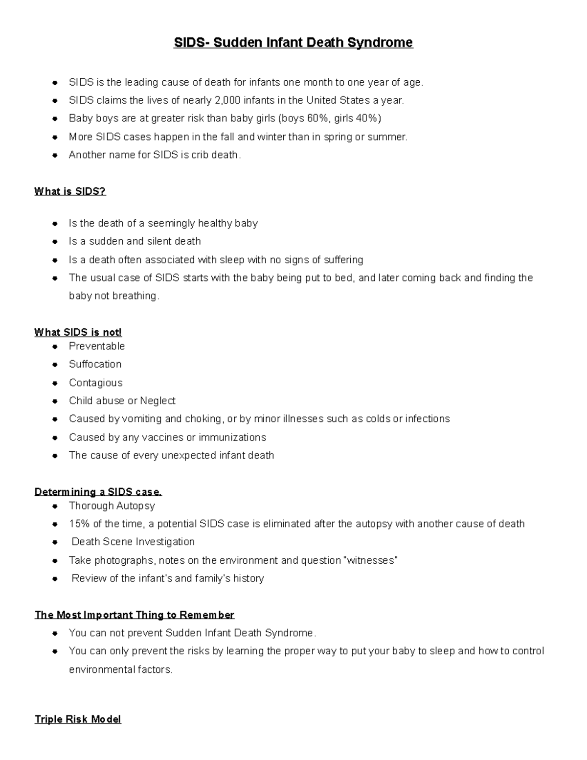 Sudden Infant Death Syndrome notes - SIDS- Sudden Infant Death Syndrome ...