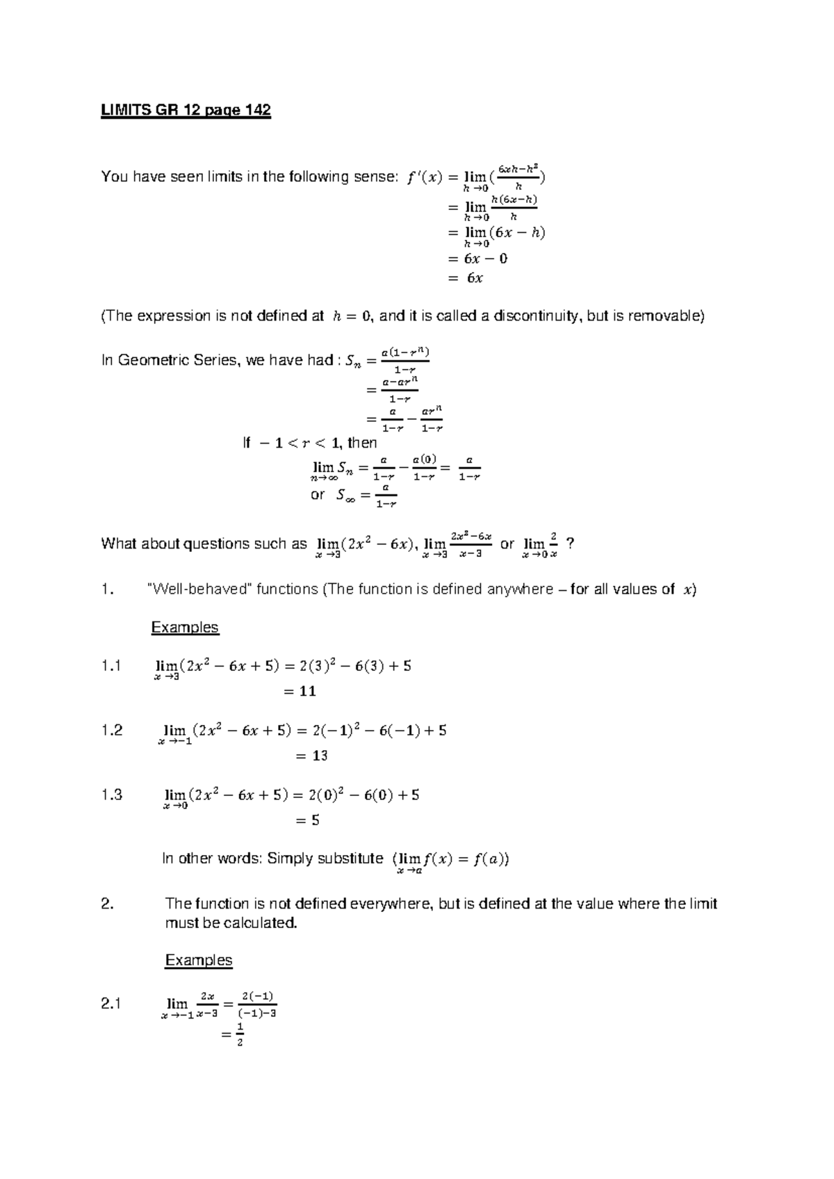 Notes on limits - LIMITS GR 12 page 142 You have seen limits in the ...