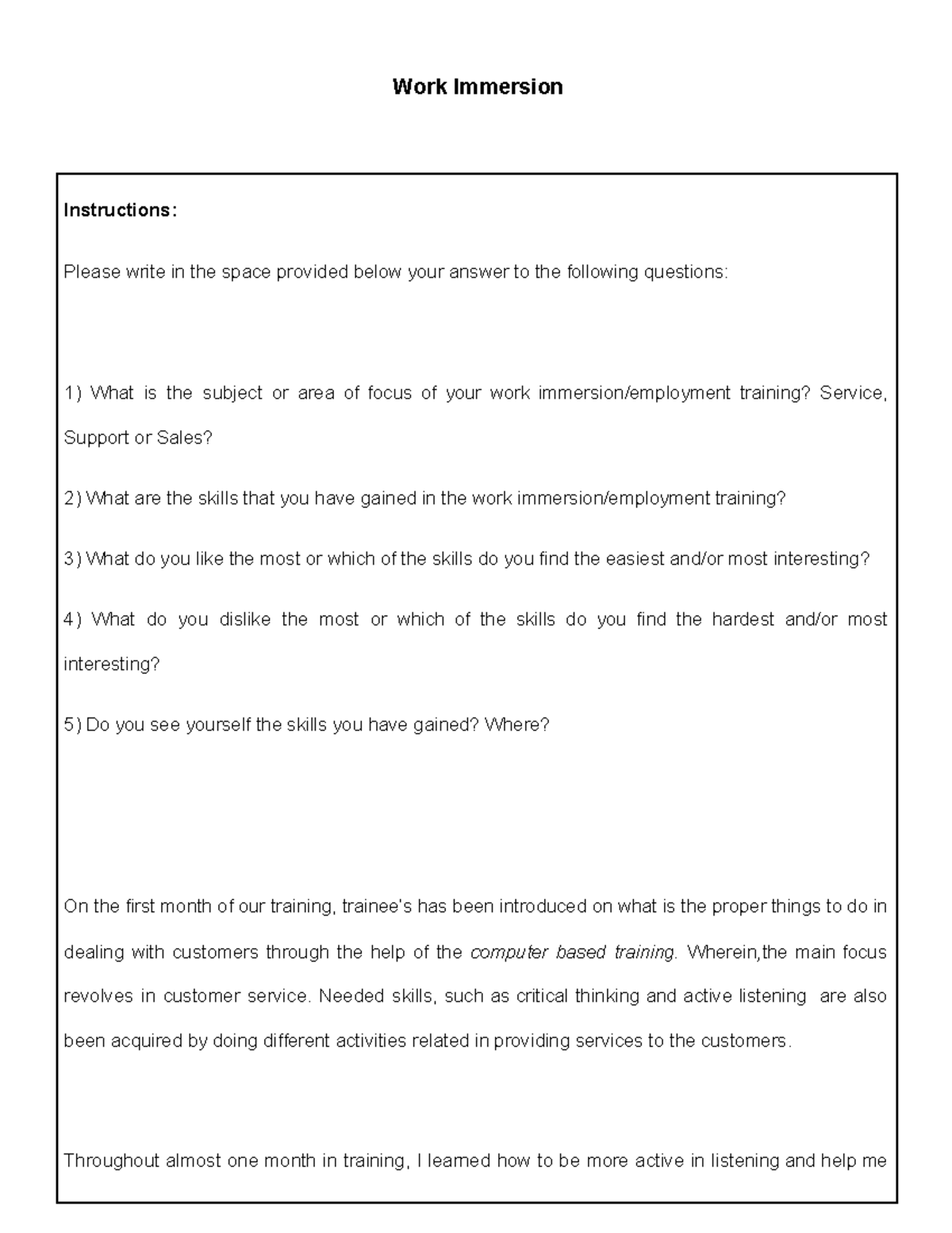 Work Immersion - An analysis of the experience of student workers ...