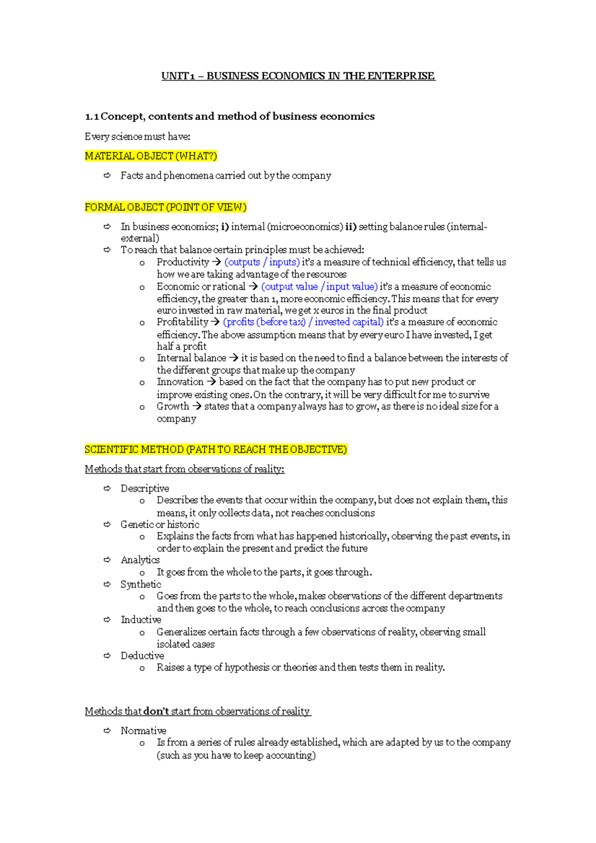 UNIT 1,2,3,4 - Resúmenes en inglés - UNIT 1 – BUSINESS ECONOMICS IN THE ...