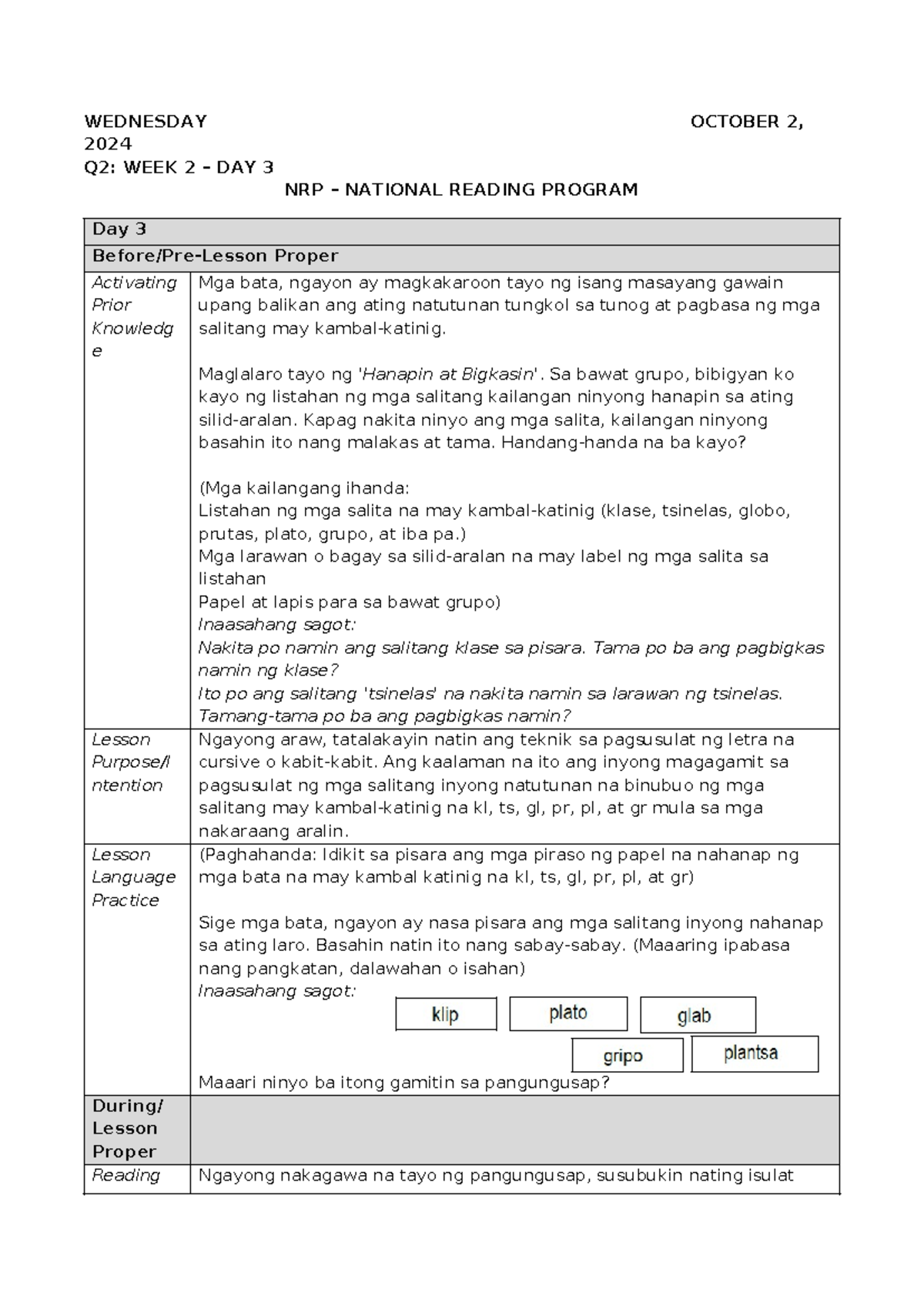 NRP-Q2-WEEK-2-DAY-3 - lesson plan - WEDNESDAY OCTOBER 2, 2024 Q2: WEEK ...