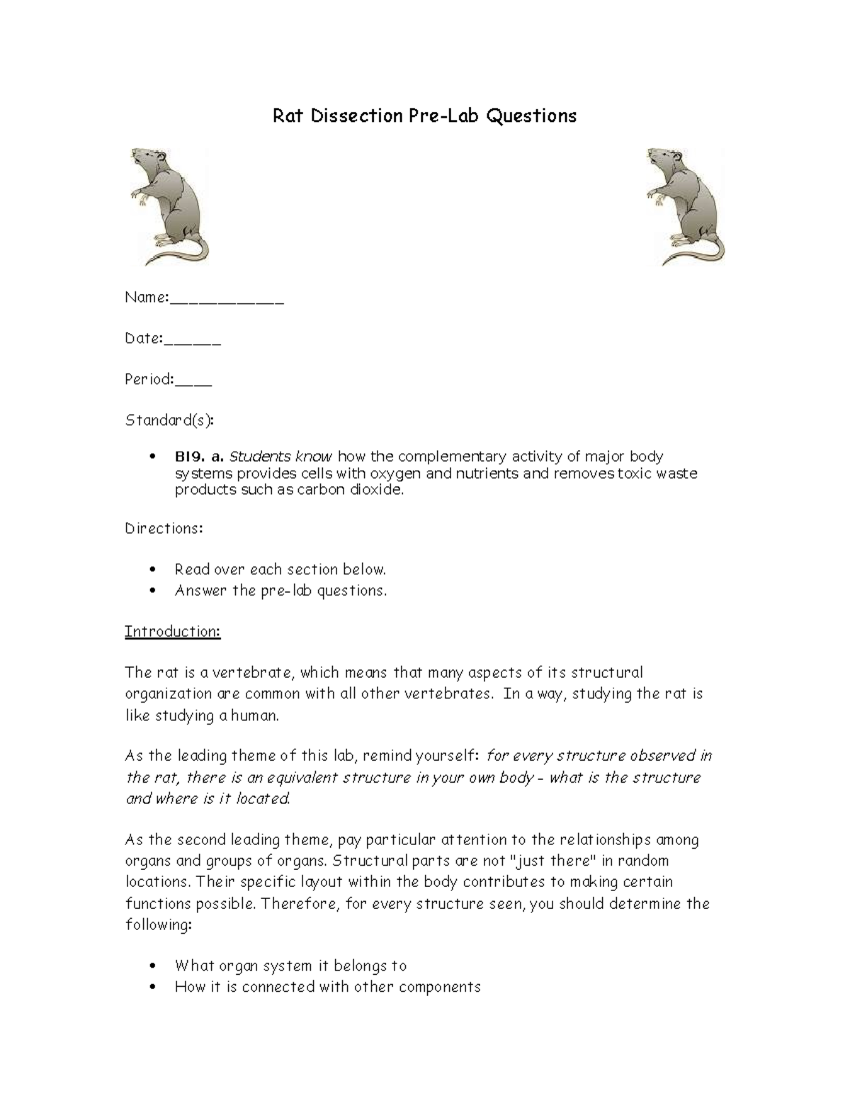 Rat Dissection Pre Lab Questions - Rat Dissection Pre-Lab Questions ...