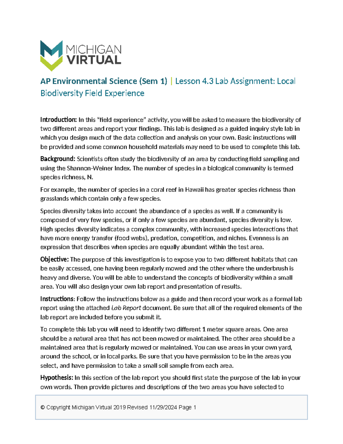 4.3 Lab Assignment Local Biodiversity Field Experience - AP ...