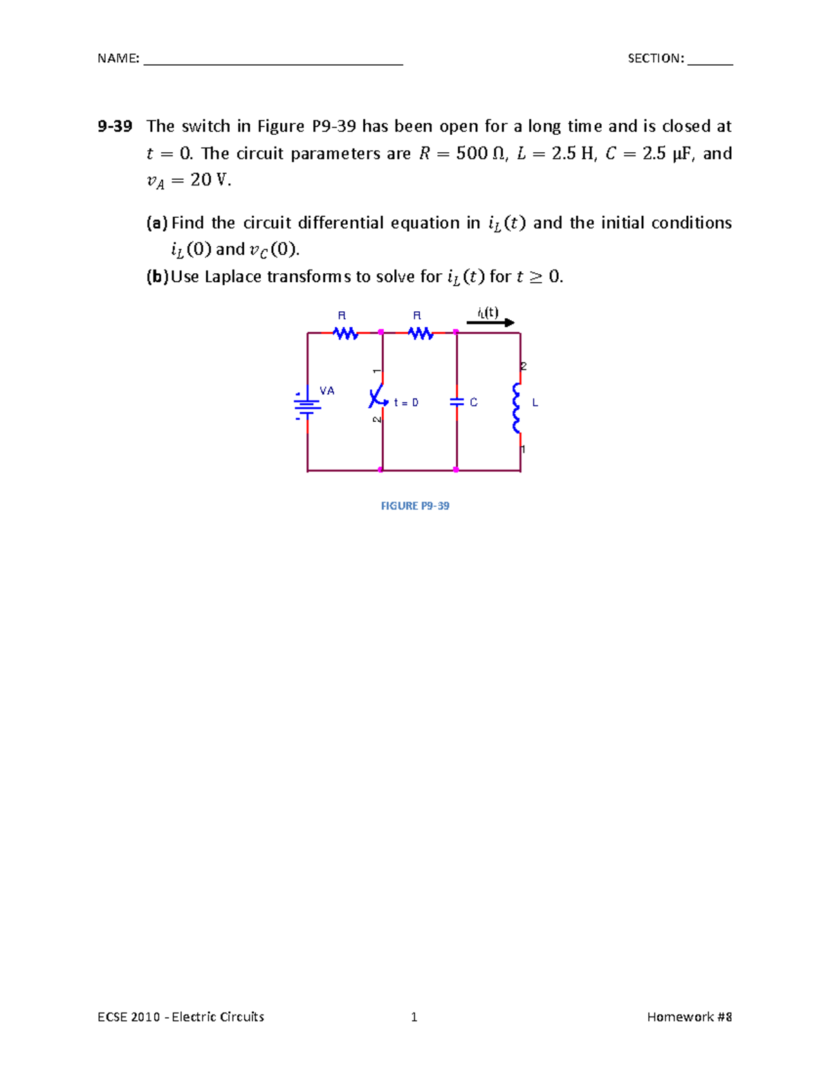 HW08 - homework - 9-39 The switch in Figure P9-39 has been open for a ...