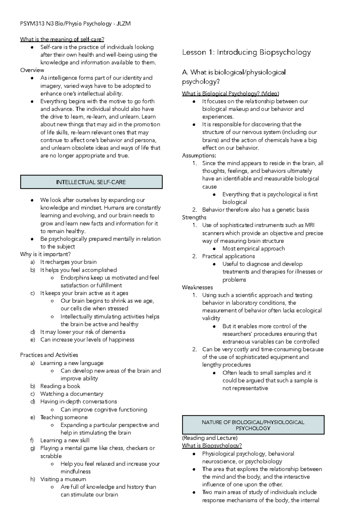 Bio Psych Notes - PSYM313 N3 Bio/Physio Psychology - JLZM What is the ...