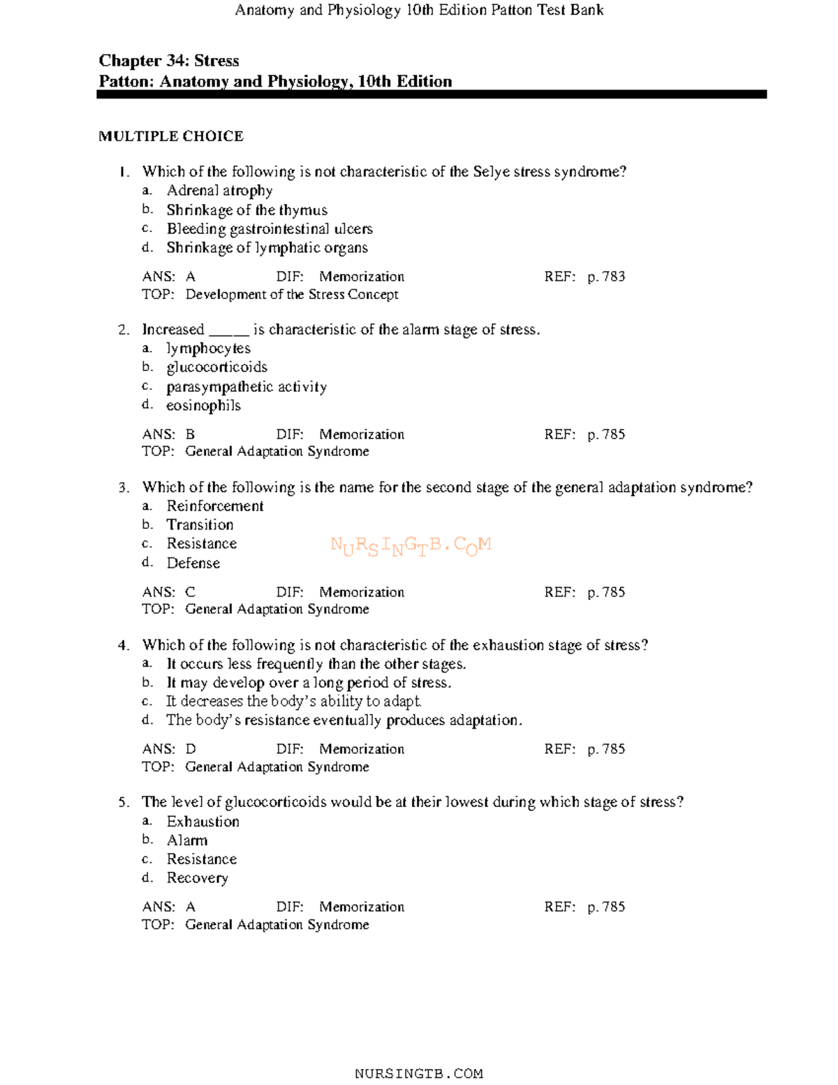 Chapter 34 stress - Test Bank - NURSINGTB Chapter 34: Stress Patton ...