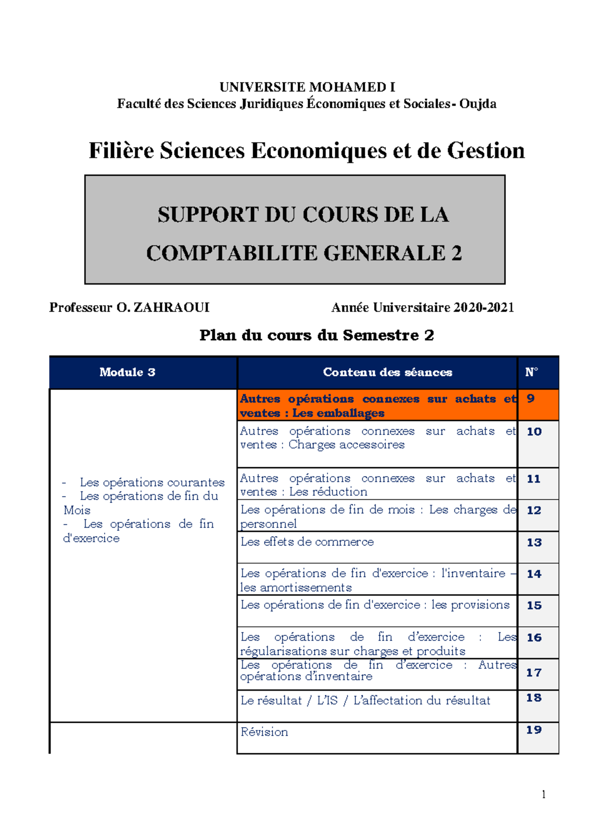Support de cours comptabilité générale 2 Seance n° 1 - UNIVERSITE MOHAMED I Faculté des Sciences ...