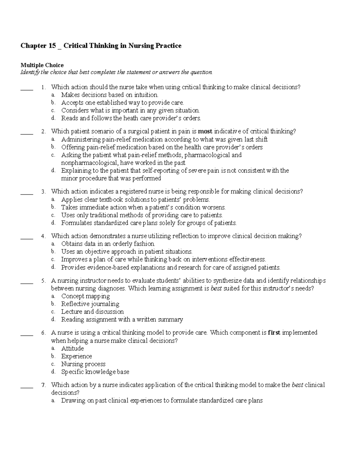 Chapter 15 Critical Thinking in Nursing Practice - Chapter 15 ...