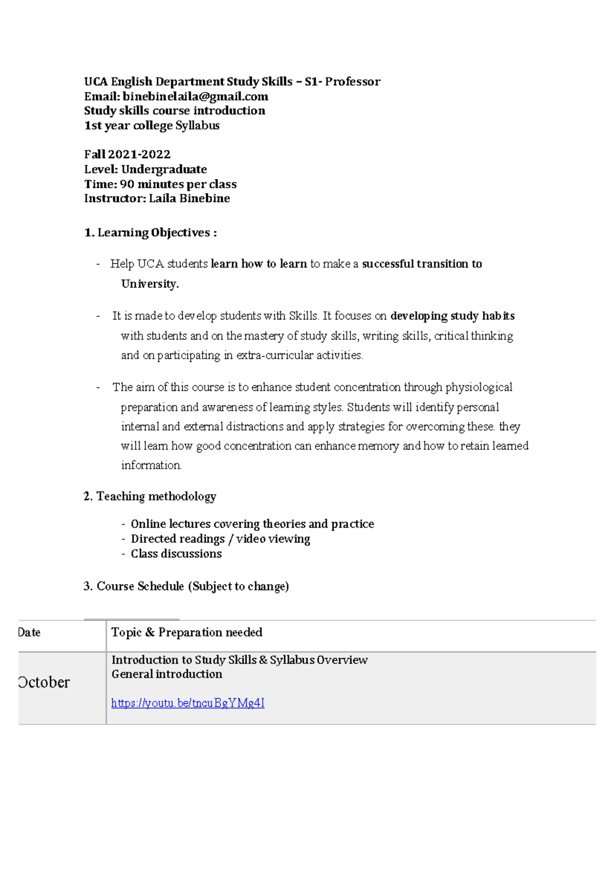 1- S1 Study Skills Syllabus - UCA English Department Study Skills – S1- Professor Email: - Studocu