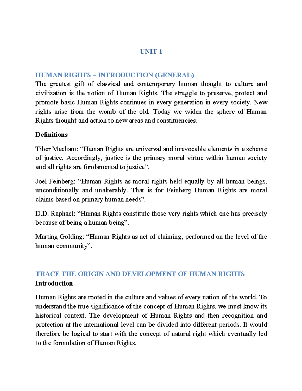 Hr notes[ 3709] Human right law for B.ALLB - UNIT 1 HUMAN RIGHTS ...