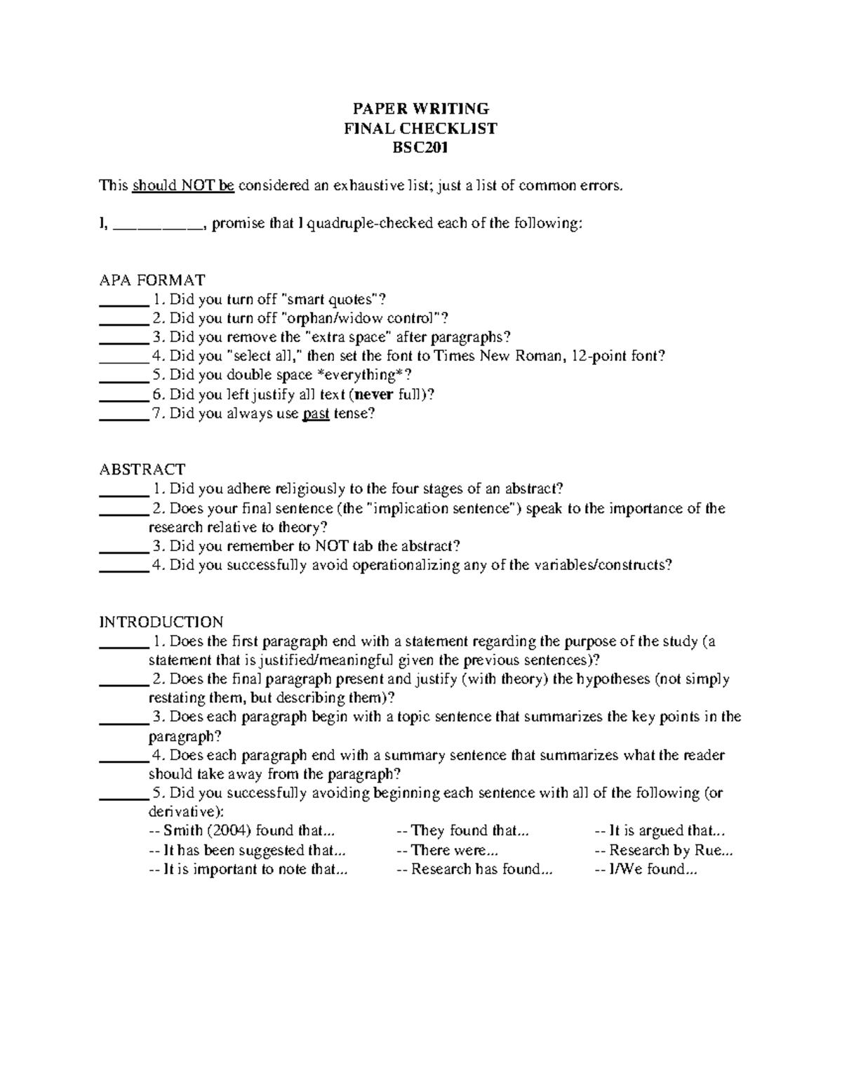 BSC201 final checklist - PAPER WRITING FINAL CHECKLIST BSC This should ...