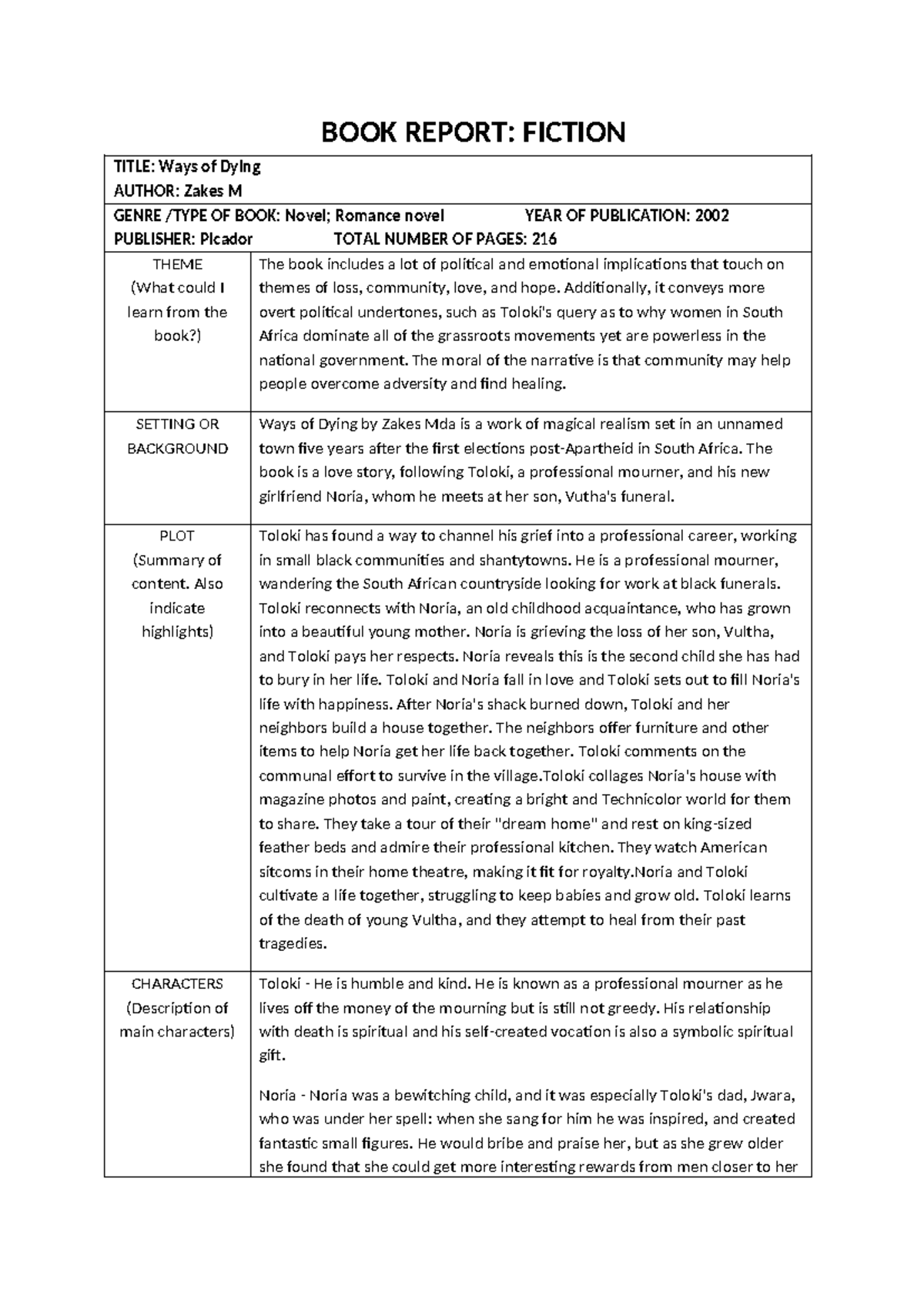 Book Report Template 2021 - BOOK REPORT: FICTION TITLE: Ways of Dying ...