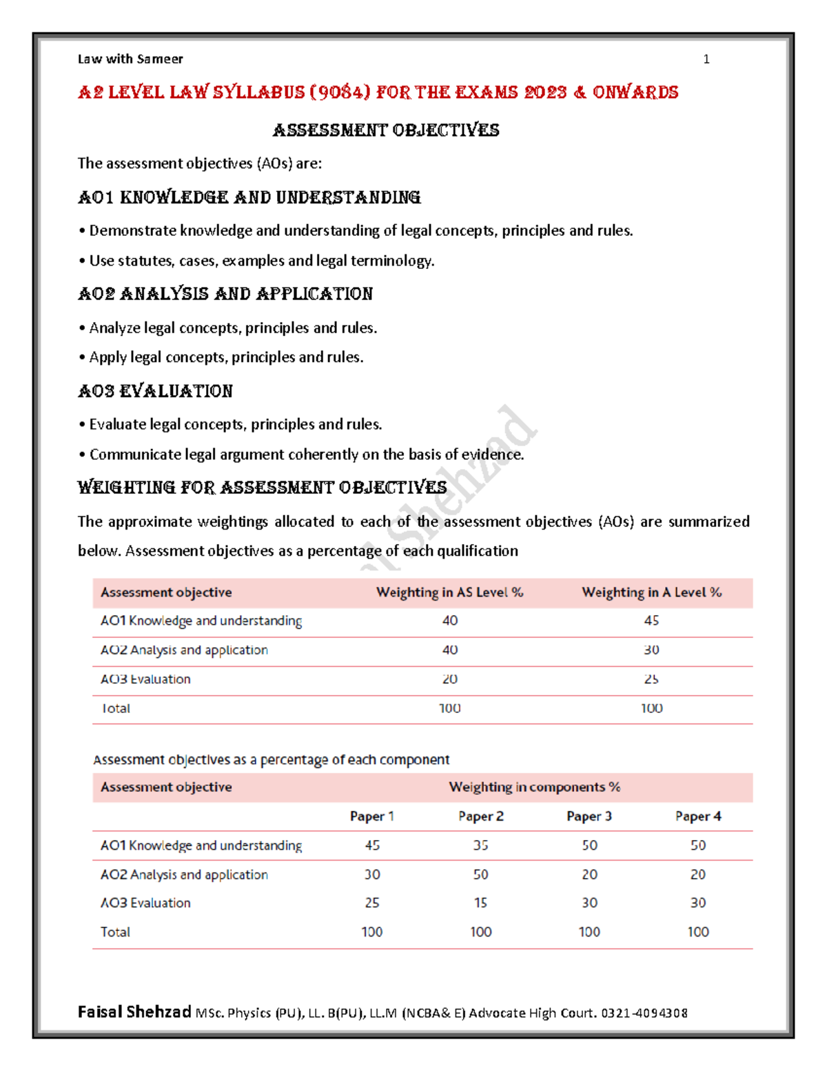A 2 Level Law Syllabus Paper pattern - A2 Level Law Syllabus (9084) for ...