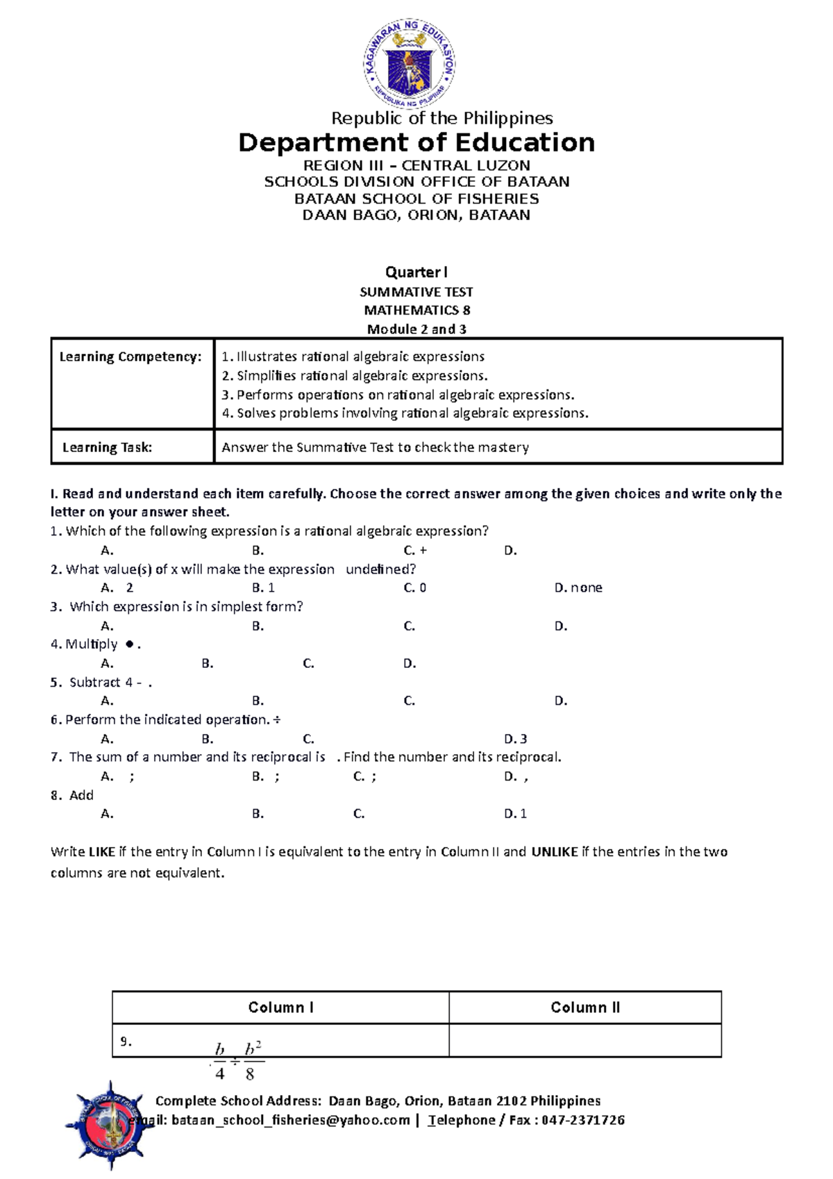 Summative TEST Module 2 3 - Republic of the Philippines Department of ...