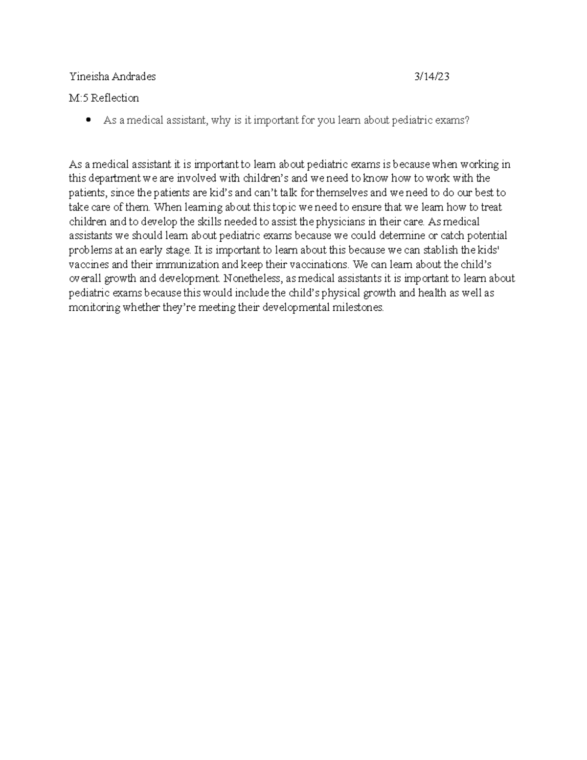 M5 Reflection Clinical Procedure Lab - Yineisha Andrades 3/14/ M:5 ...