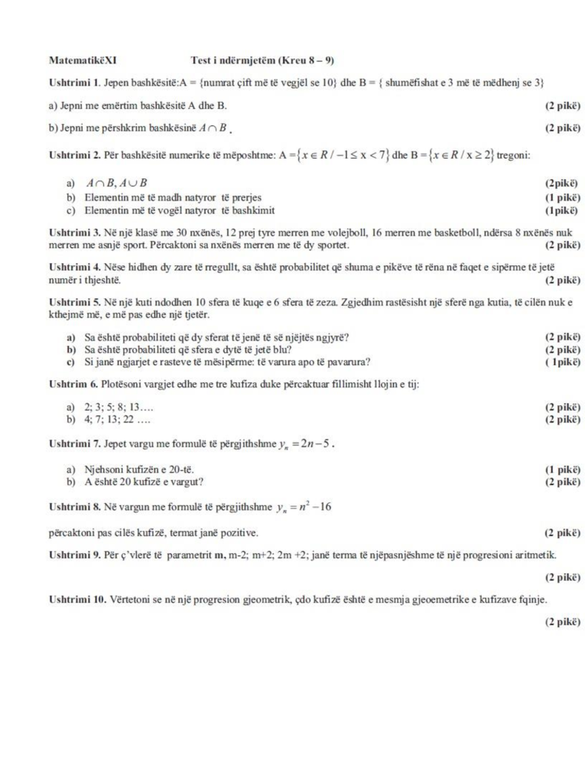Test i ndermjetem 3 - Bashkesite,probabiliteti dhe vargjet numerike ...