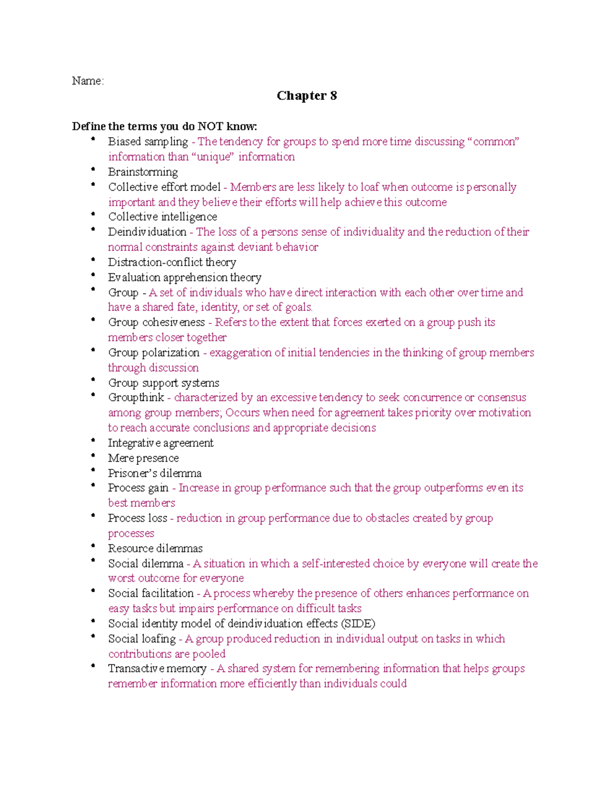 Ch8 Homework - Notes on Chapter 8 - Name: Chapter 8 Define the terms ...