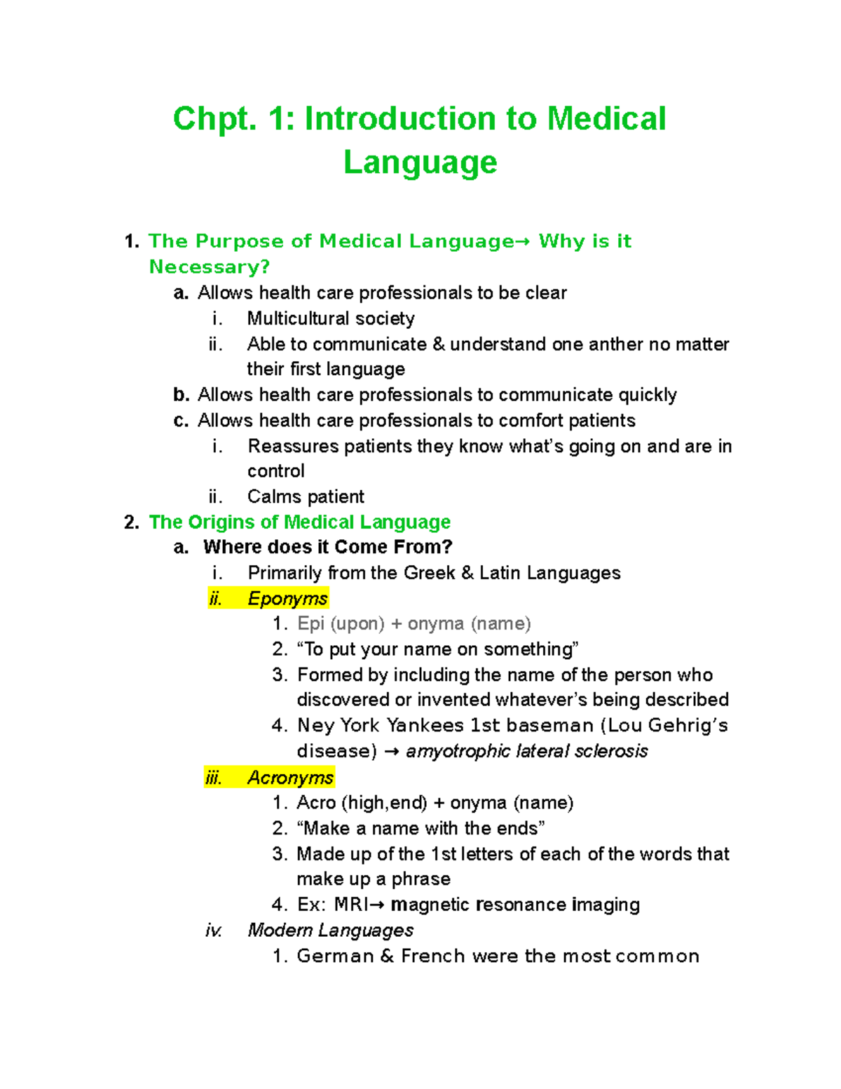Medical Terminologies Chpt. 1 Notes - Chpt. 1: Introduction to Medical ...