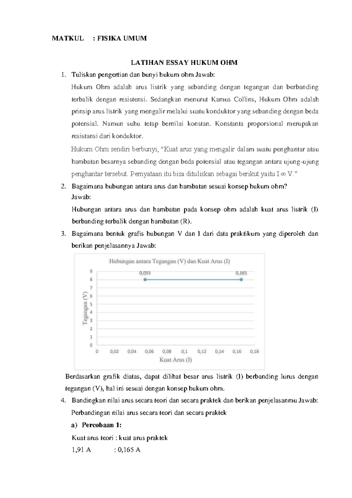 Essay hukum ohm multimeter - MATKUL : FISIKA UMUM LATIHAN ESSAY HUKUM ...