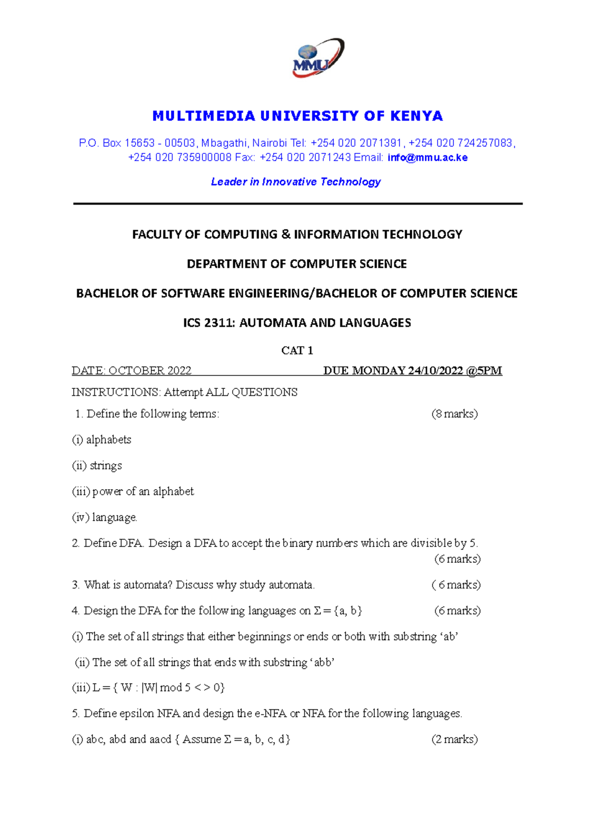 ICS 2311 Automata AND Languages CAT 1 - MULTIMEDIA UNIVERSITY OF KENYA ...