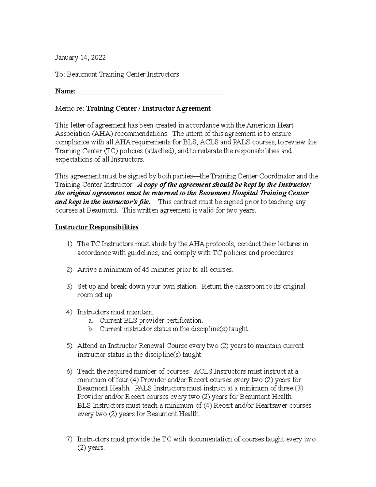 Training Center.Instructor Agreement Form - January 14, 2022 To ...