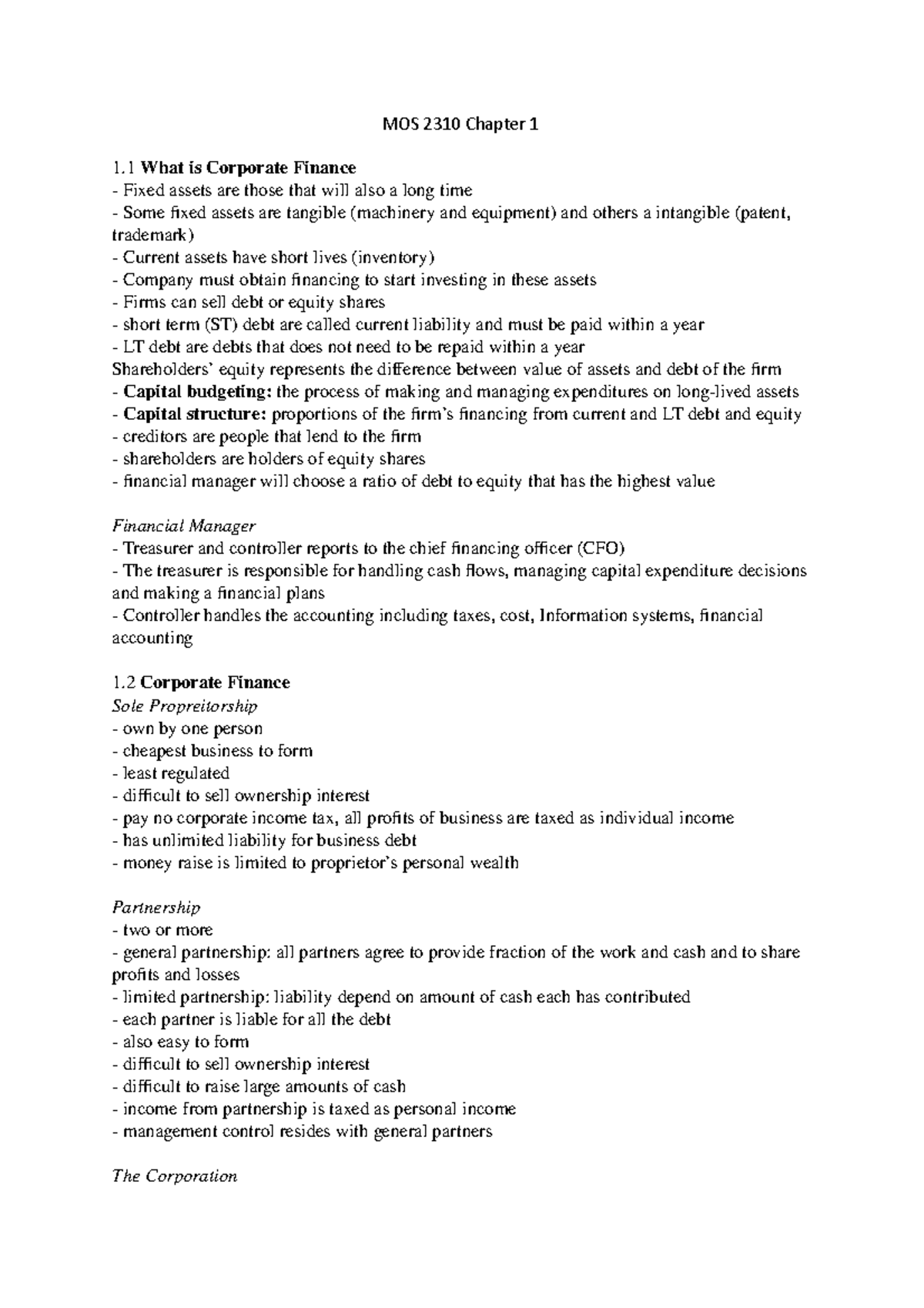 MOS 2310: Chapter 1 - MOS 2310 Chapter 1 1 What is Corporate Finance ...