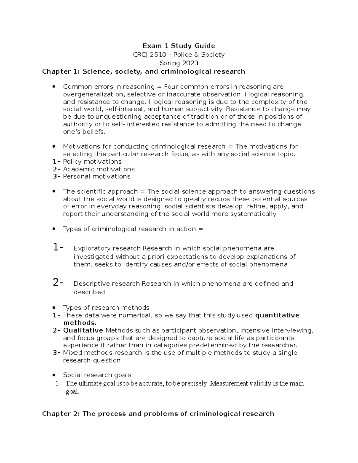 CRCJ 2510 - Exam 1 Study Guide - Exam 1 Study Guide CRCJ 2510 – Police & Society Spring 2023 ...