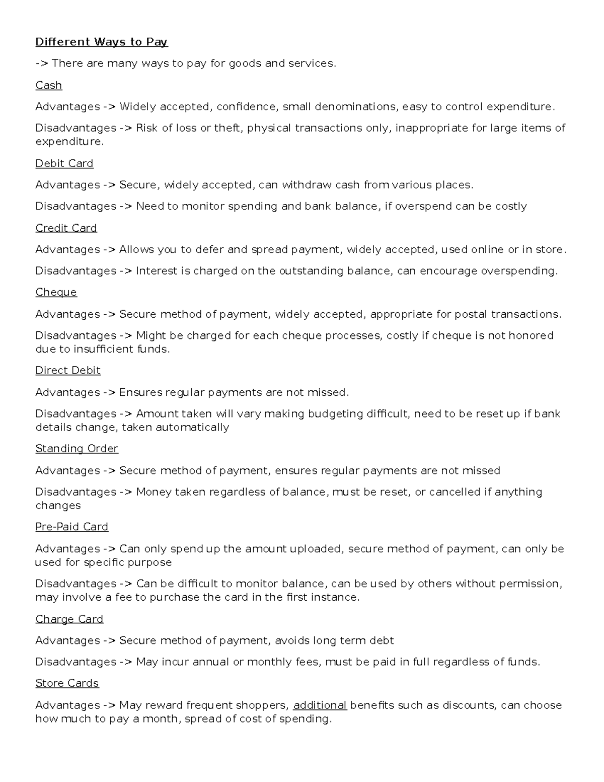 Pearson BTEC National Business Unit 3 - Different ways to pay Notes ...