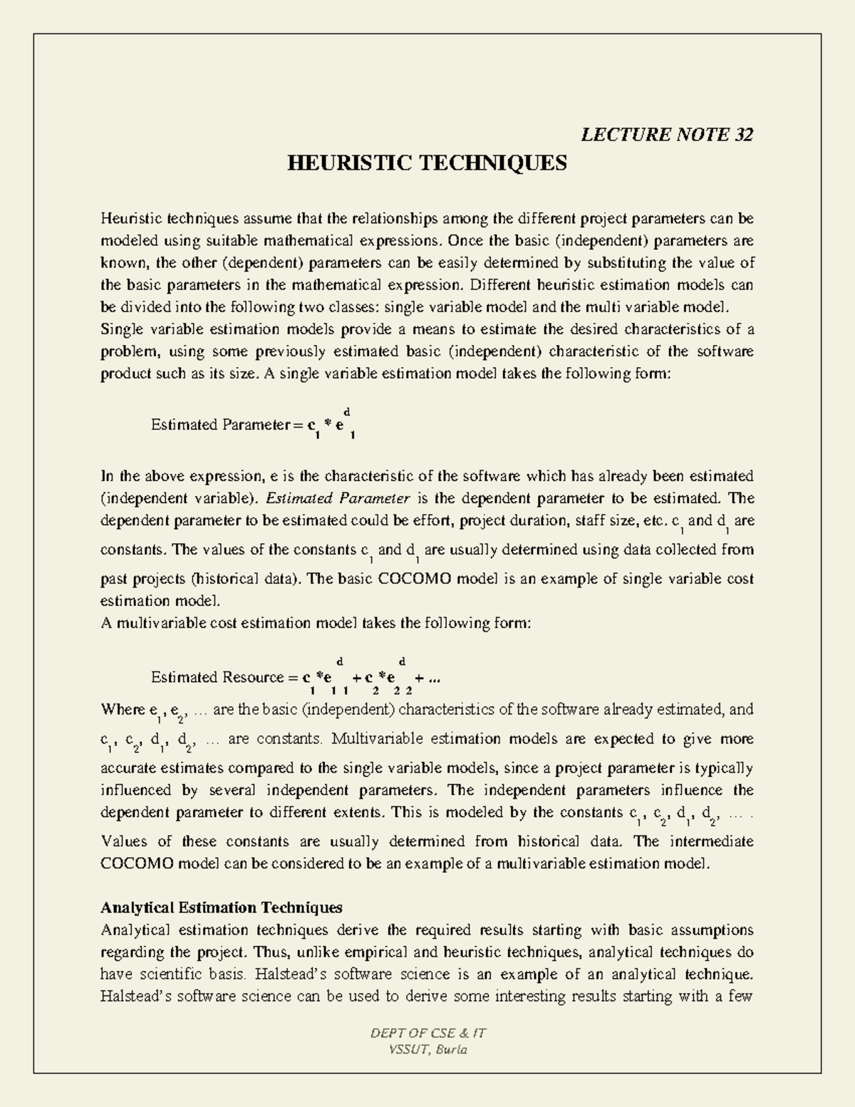 HEURISTIC TECHNIQUES - DEPT OF CSE & IT LECTURE NOTE 32 HEURISTIC ...
