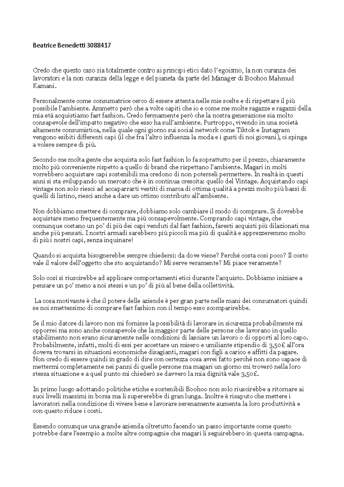 esame finale business ethics - Beatrice Benedetti 3088417 Credo che ...
