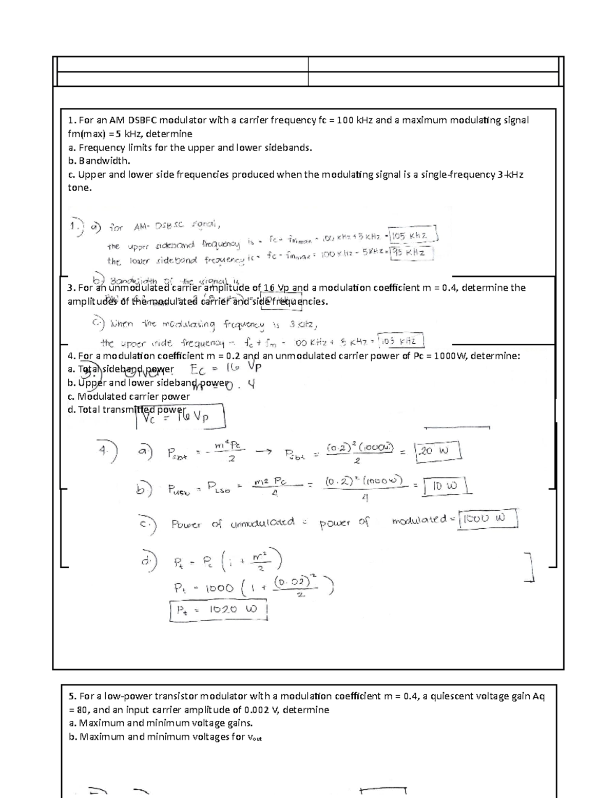 Sidebands - For an AM DSBFC modulator with a carrier frequency fc = 100 ...