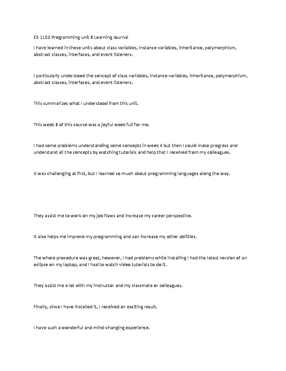CS1102 Journal Unit 8 - CS1102 - UoPeople - Studocu