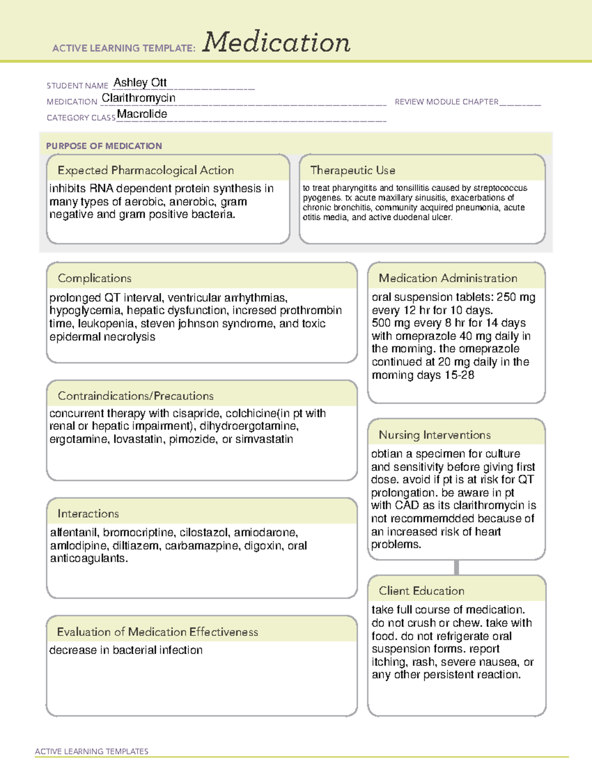 Clarithromycin med card - ACTIVE LEARNING TEMPLATES Medication STUDENT ...