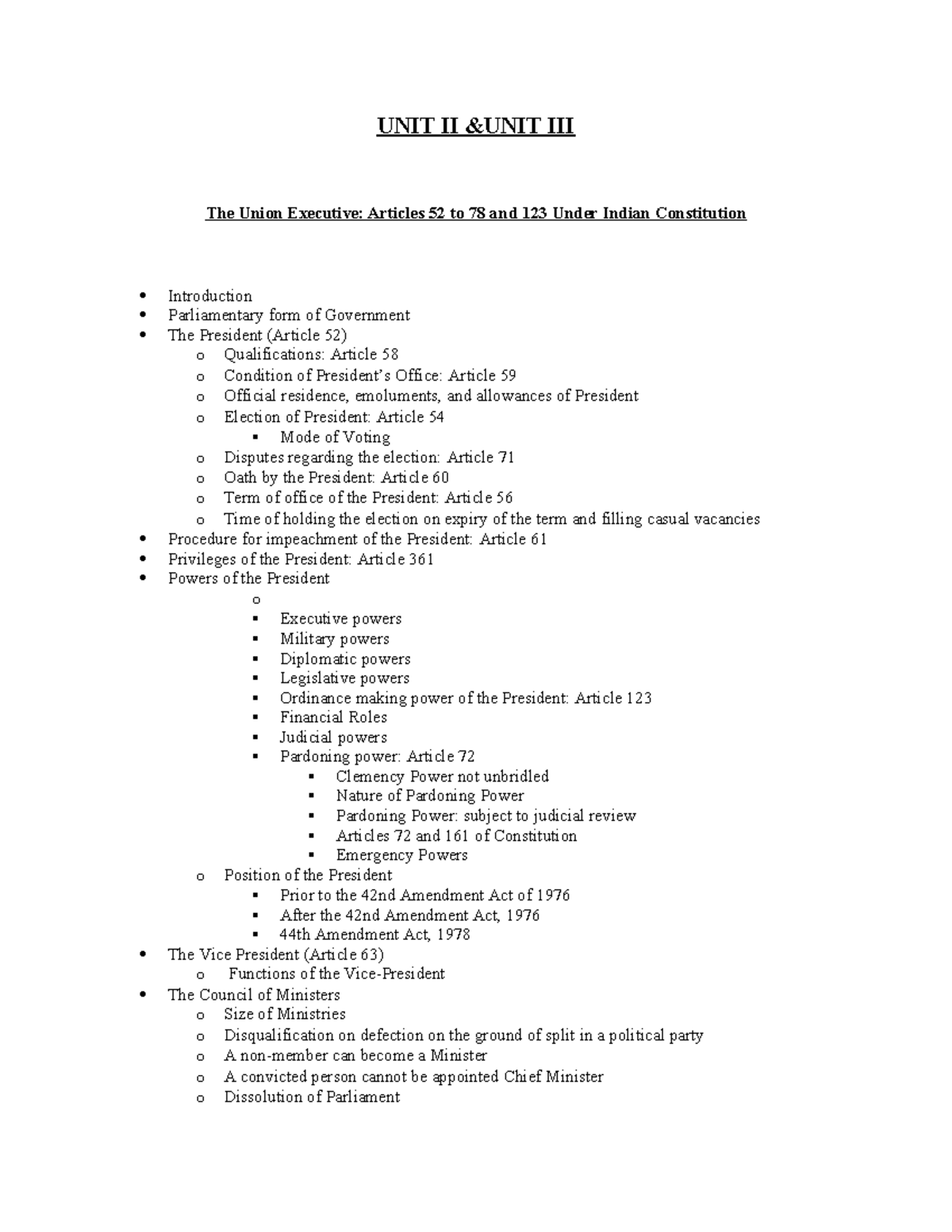 UNIT II & UNIT III- Constituion II - UNIT II &UNIT III The Union Executive: Articles 52 to 78 ...