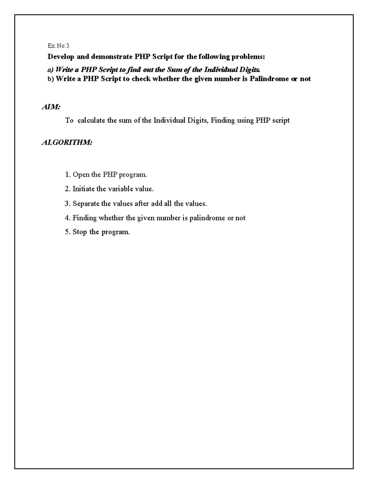 Ex no-3 web lab - good - Ex: Develop and demonstrate PHP Script for the following problems: a ...