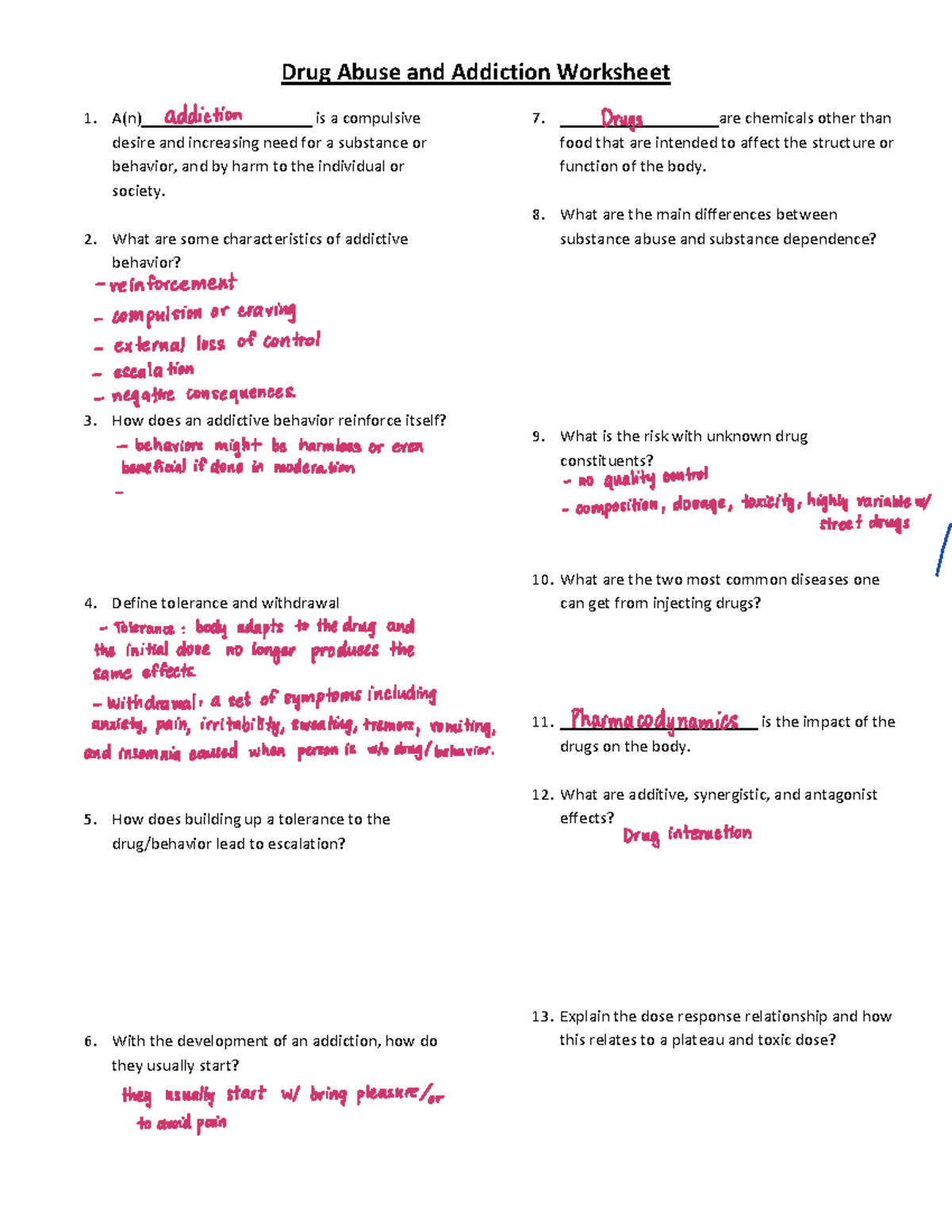 Week 8 drug abuse and addiction worksheet - Drug Abuse and Addiction ...