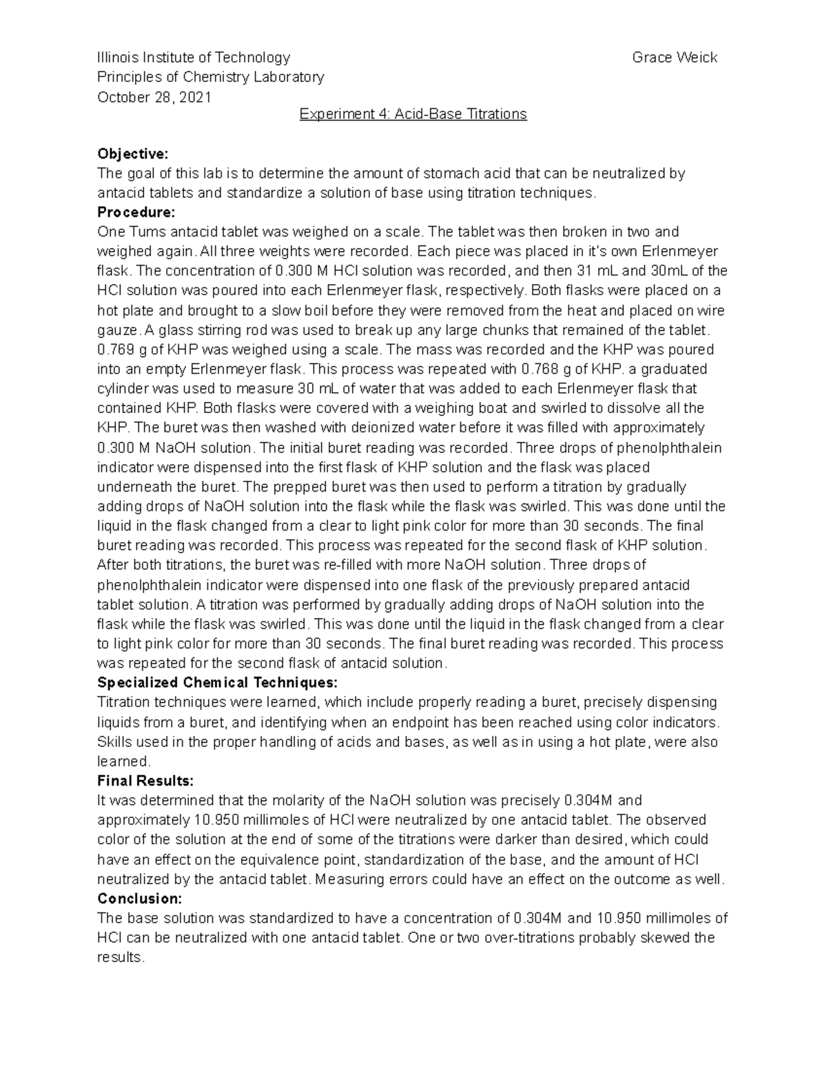 Lab Report 4 - Principles of Chemistry Laboratory October 28, 2021 ...