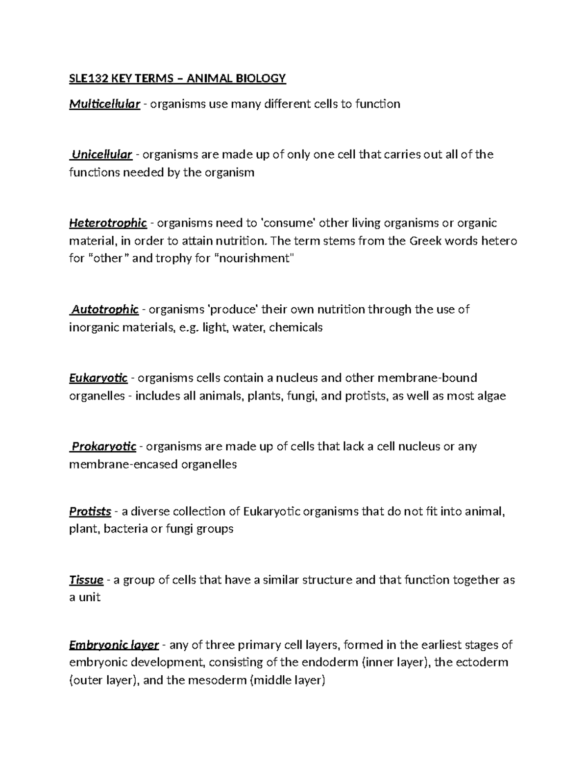 SLE132 KEY Terms - Summary Biology: Form and Function - SLE132 KEY ...